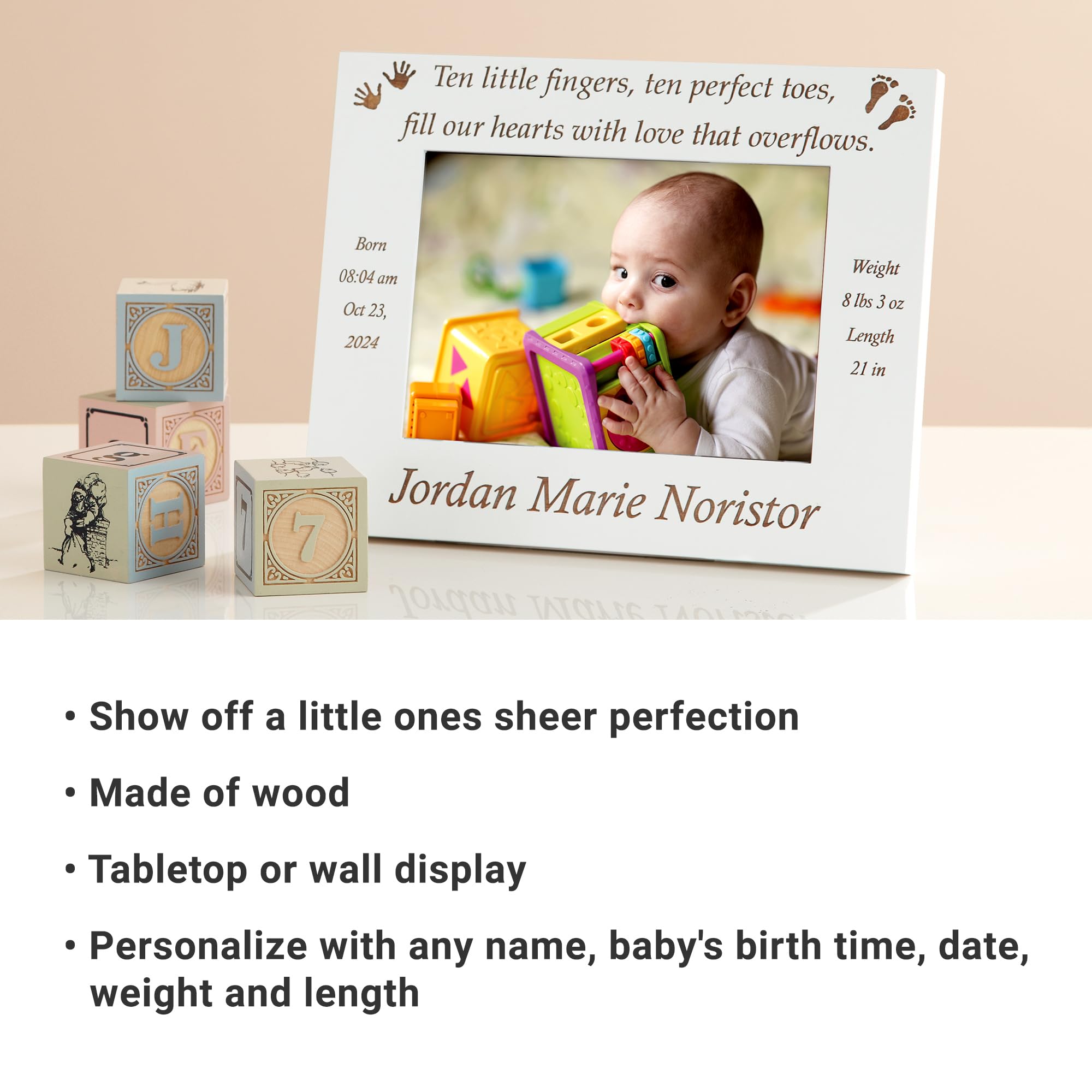 Let's Make Memories Personalized Baby Frame - Ten Fingers & Ten Toes - For New Parents - Newborn Gift - 5x7 Photo - Customize with Birth Details
