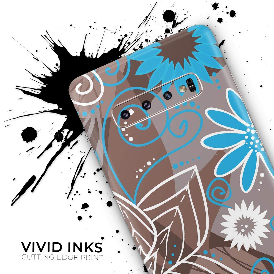 DesignSkinz Brown Surface with Blue and White Whymsical Floral Pattern Protective Vinyl Decal Wrap Skin Cover Compatible with The Samsung Galaxy S20 (Screen Trim & Back Glass Skin)