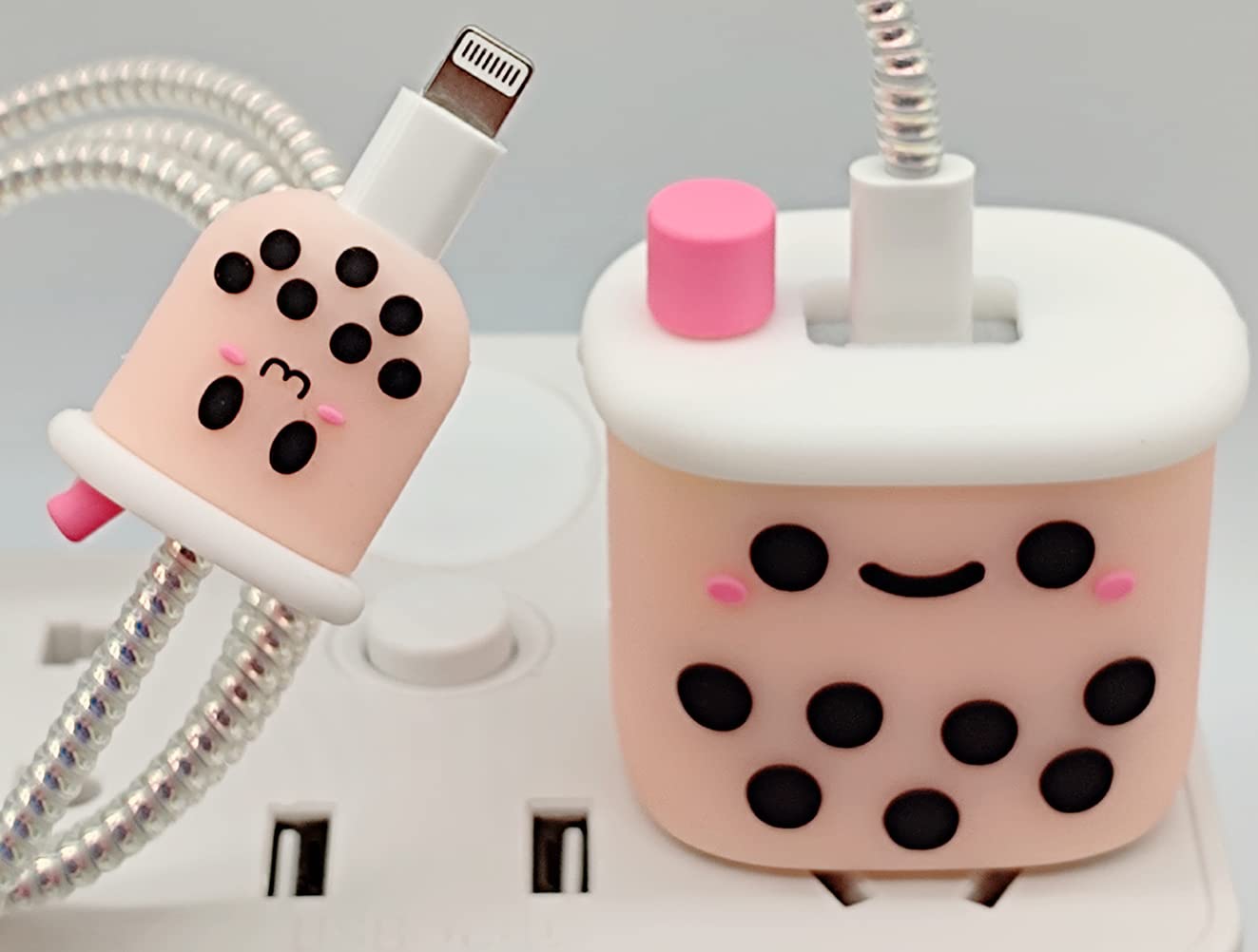 3D Protective Case for iPhone 20W USB-C Power Adapter Charger USB Lightning Cable, Cute Cartoon Series Soft Silicone Fast Lightning Chargers Cable Protective Cover for iPhone Charger (Boba Milk Tea)