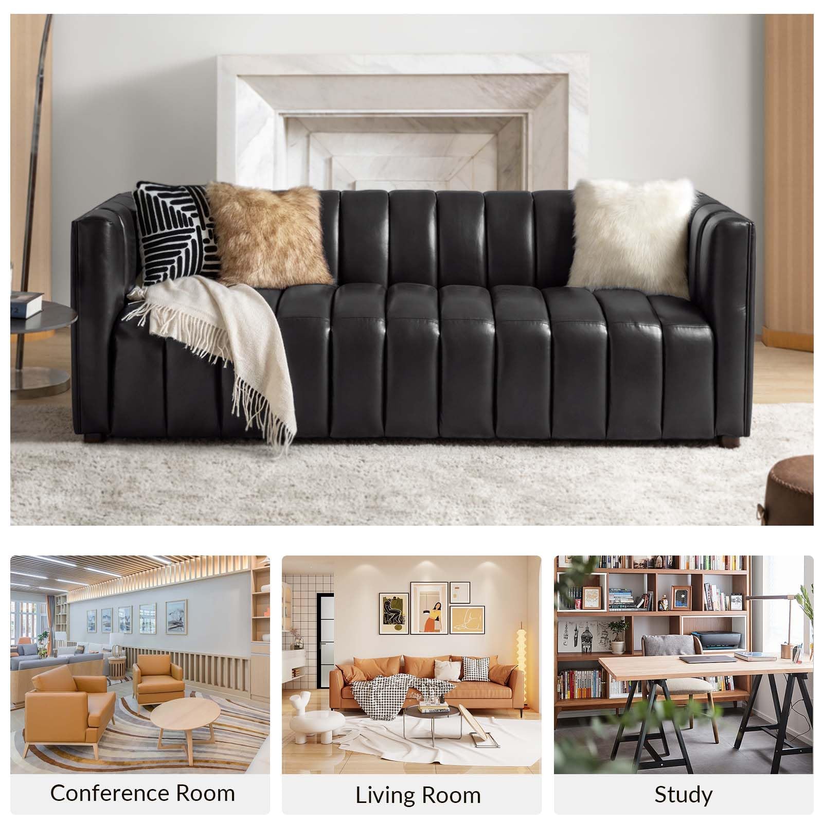 HULALA HOME 83" Genuine Leather Sofa, Sofa Leather for Living Room, 3 Seater Sofa Couch Top Layer Leather Large Sofa Furniture with Channel Tufted Seat Back & Square Arms (Camel)