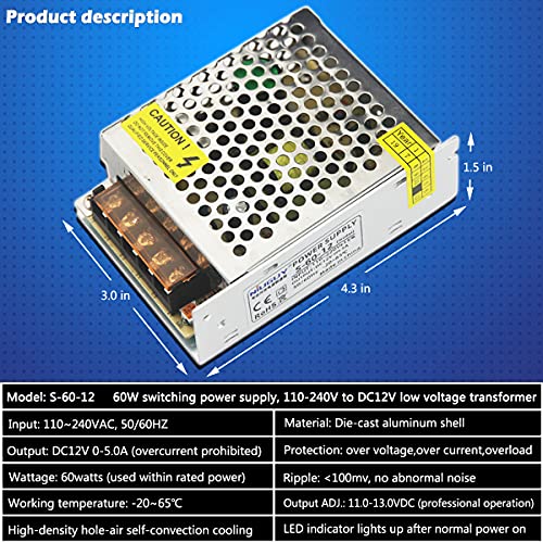 NiuGuy Switching Converter,110V/240V AC to DC 12V 5amp 60W Power Supply, Universal Regulated Transformer Adapter Driver for LED Strip Lights, CCTV, Radio, Security System, Computer Project