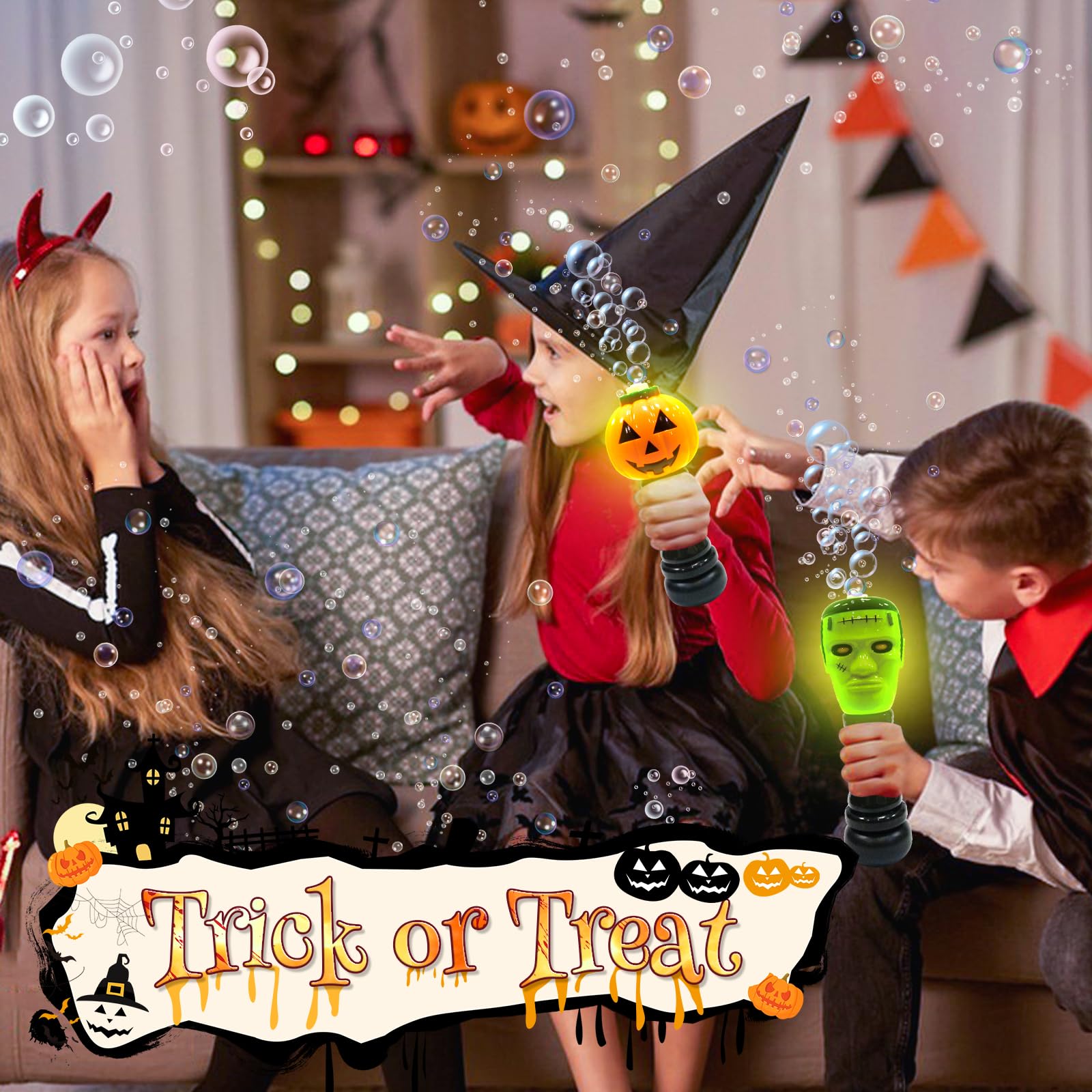 2 PCS Halloween Bubble Blower Wand for Kids, Automatic Light Up Pumpkin and Science Freak Bubble Machine Halloween Party Favors Decor Gift for Kids