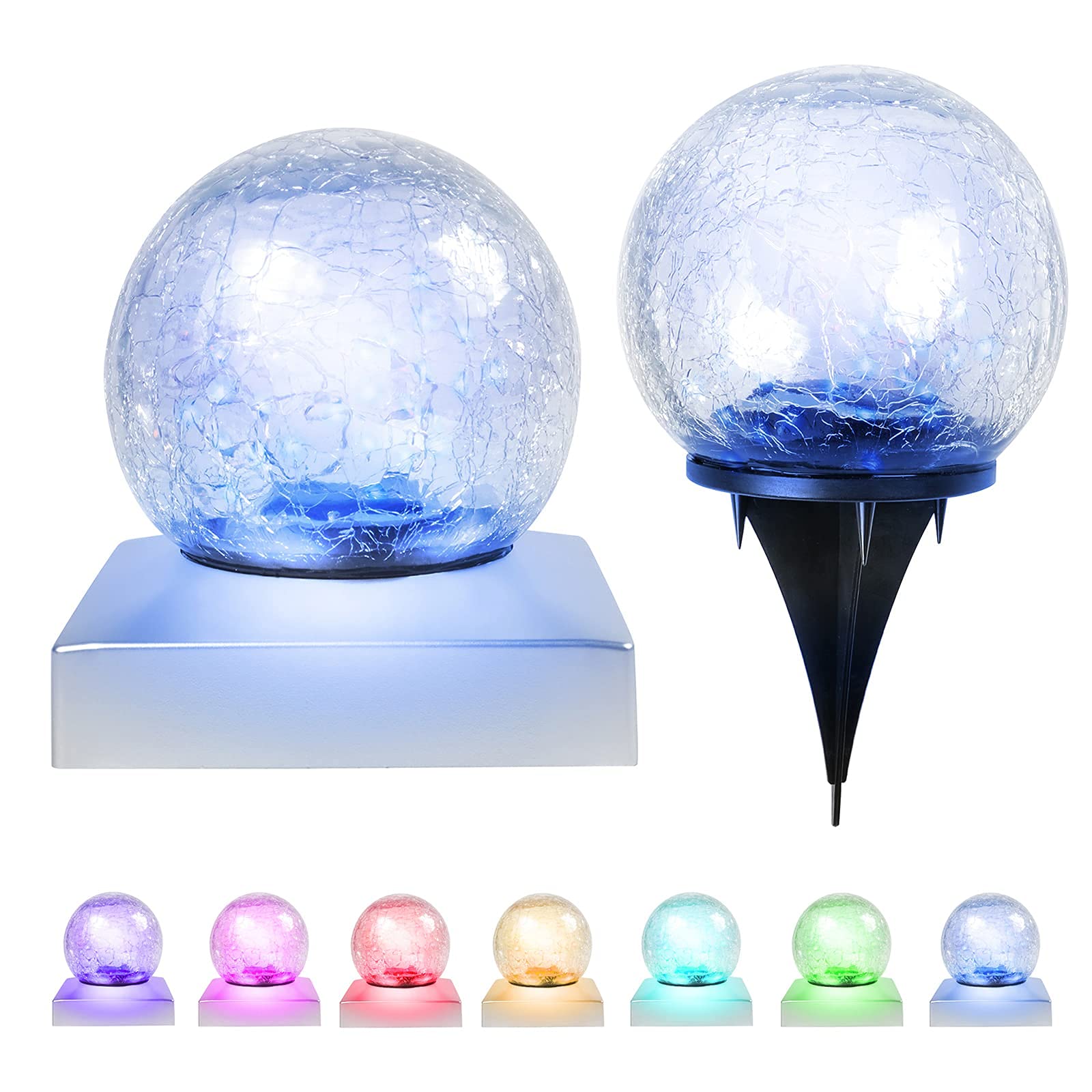 4 Solar Post Cap Lights Outdoor 2-in-1 Landscape Garden Ball Lights Cracked Glass Globe Lights Waterproof 5x5 In-Ground Spike Light for Posts Garden Yard Patio Pathway Deck Decor (Multi-Colors)