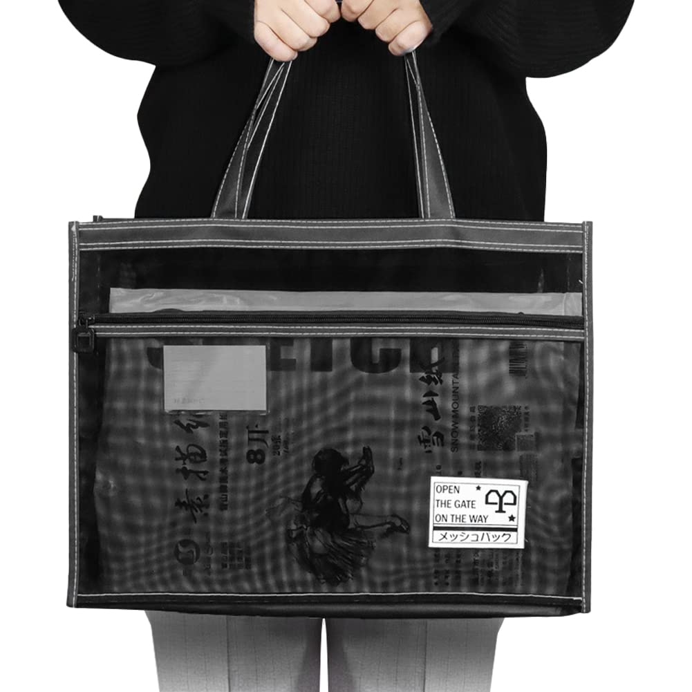 A3 Mesh Art Portfolio Bag with Handle and Zipper Holder for Artwork Portable Large Capacity Clear Art Storage Tote Bag Organizer Transparent Bag for Large Posters Painting Teaching Material Art Work