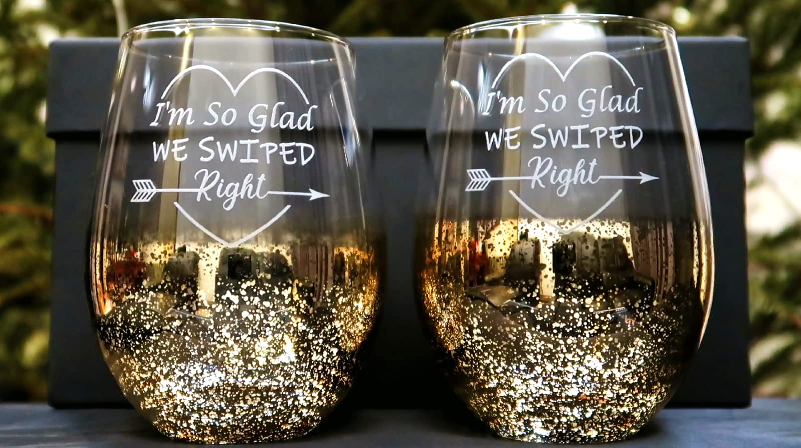 2 Pieces Pack Valentines Day Gifts for fiancée fiancé, I'm So Glad We Swiped Right Hand Etched Stemless Glitter Gold Wine Glass