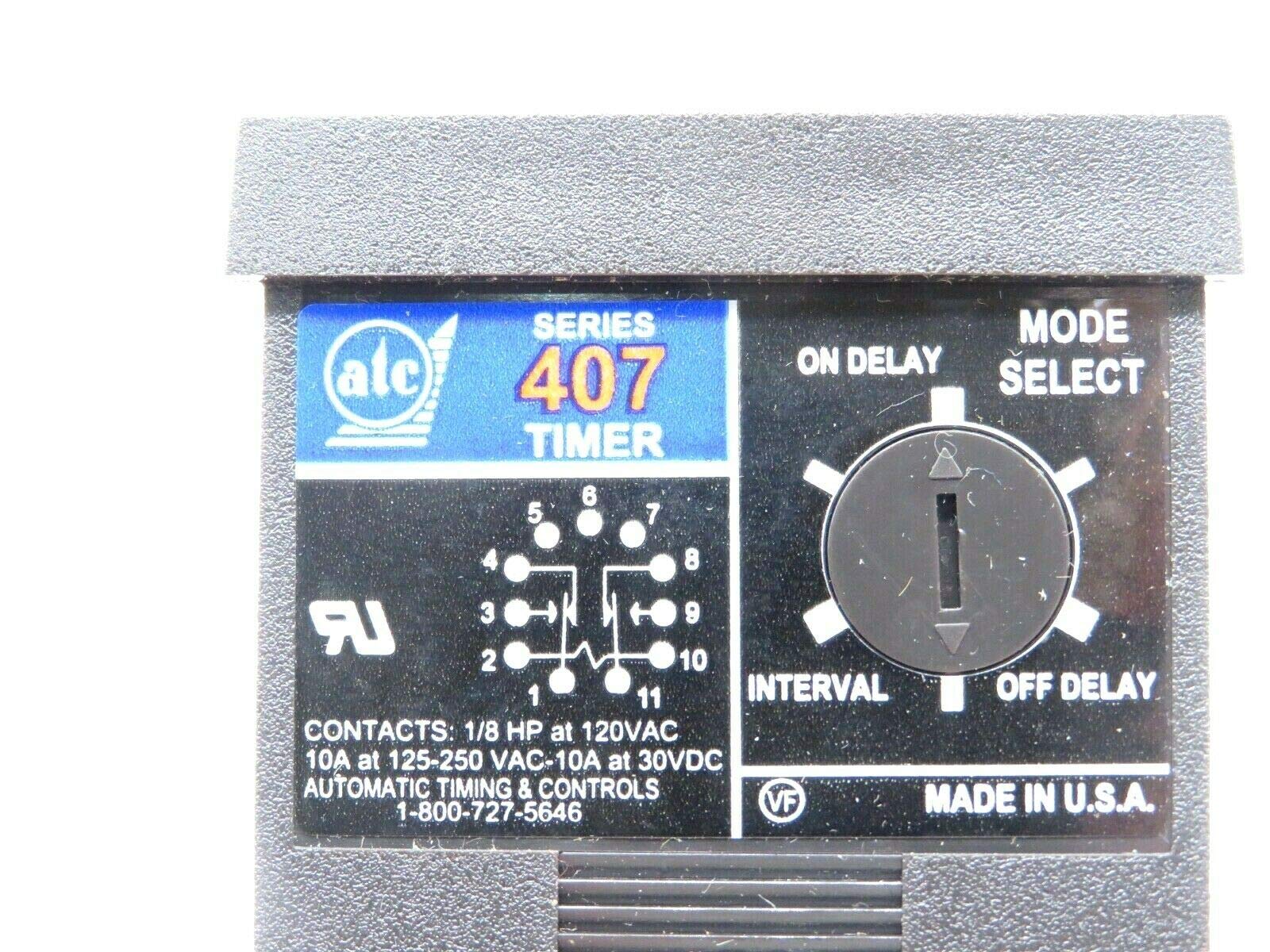 ATC 407C-100-F-3-X 1/16 DIN Multi-Mode Timer, 6 Dial-Selected Ranges, 24 to 240 VAC (50/60 Hz), 11-Pin On-Delay, Off-Delay, Standard
