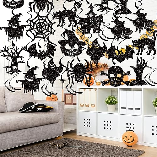 30 Pieces Halloween Hanging Swirls Decorations Halloween Hanging Ceiling Streamers Black Glitter Spooky Hanging Decorations for Halloween Party Haunted House Decor
