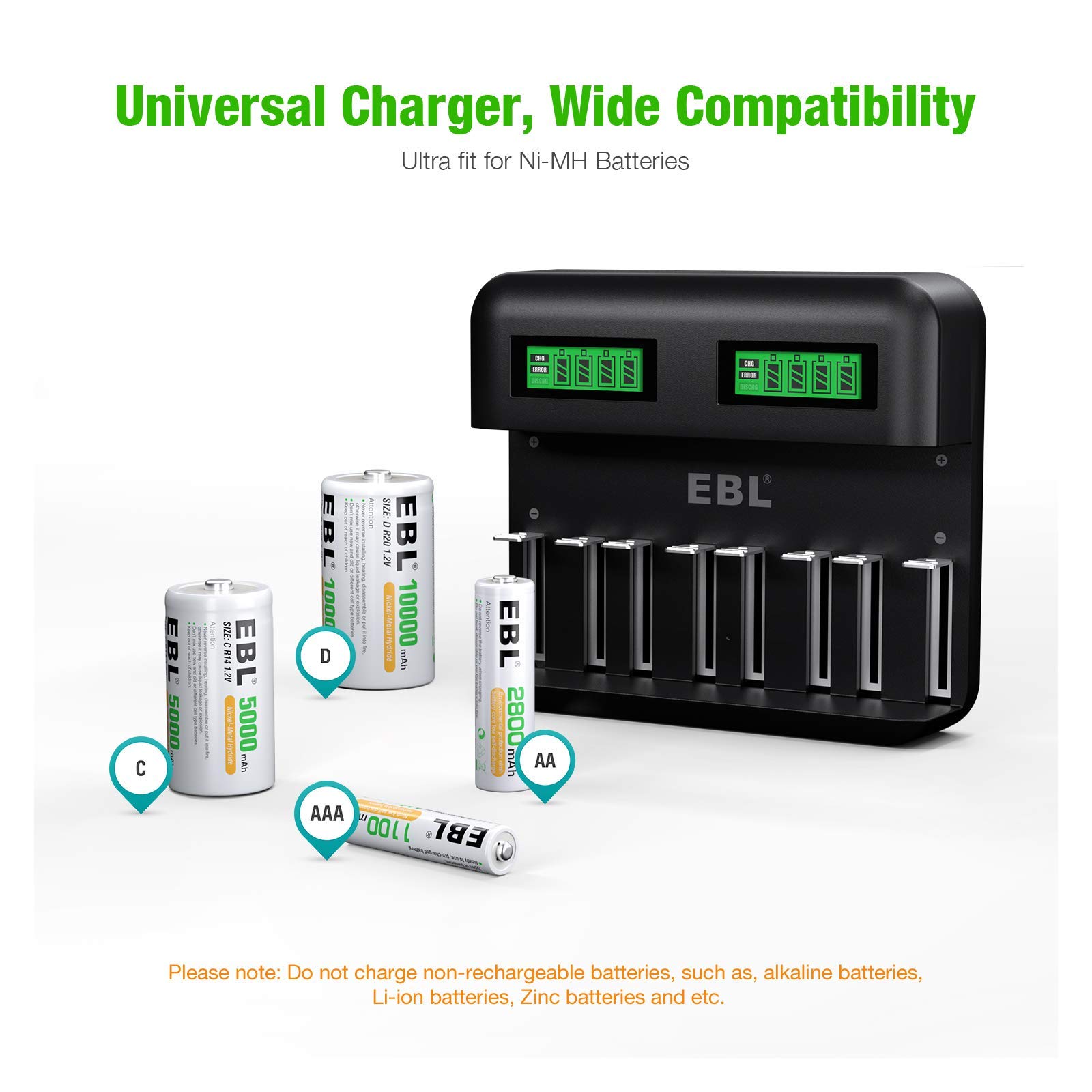 EBL LCD Universal Battery Charger - 8 Bay AA AAA C D Battery Charger for Rechargeable Batteries Ni-MH AA AAA C D Batteries with C Rechargeable Batteries 6 Pack