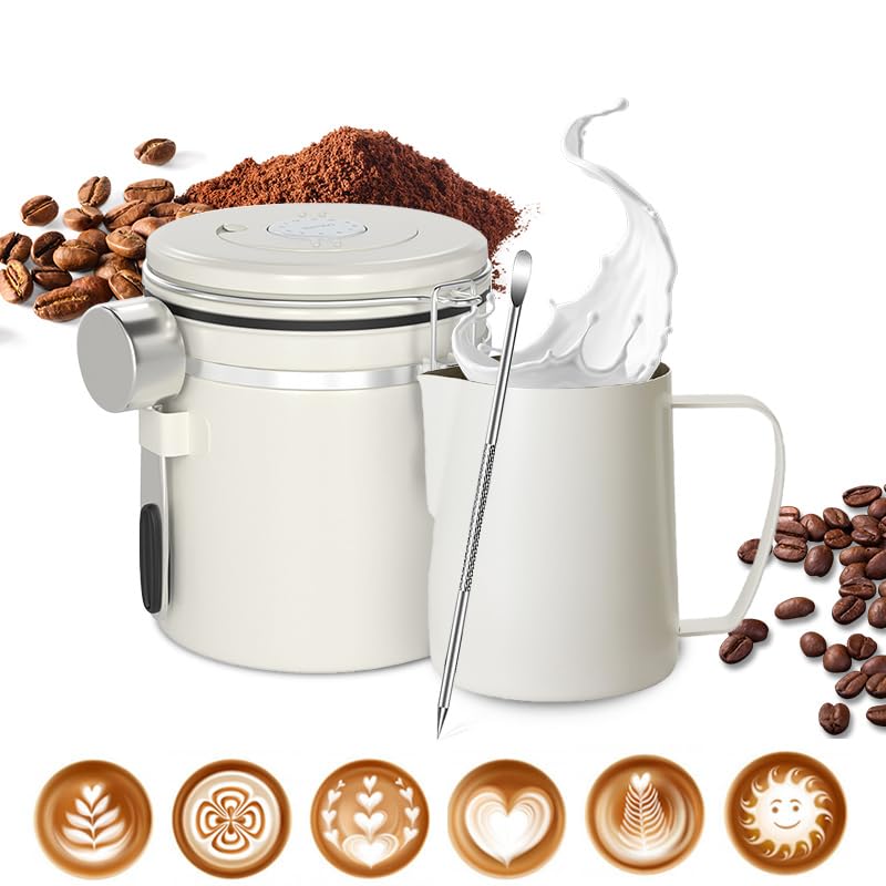 AIANDE 3 in 1 Coffee Canister,Milk frother pitcher 12oz, Stainless Steel Canisters With Airtight Lids Storage Coffee Tank With Scoop (1.5LWhite)