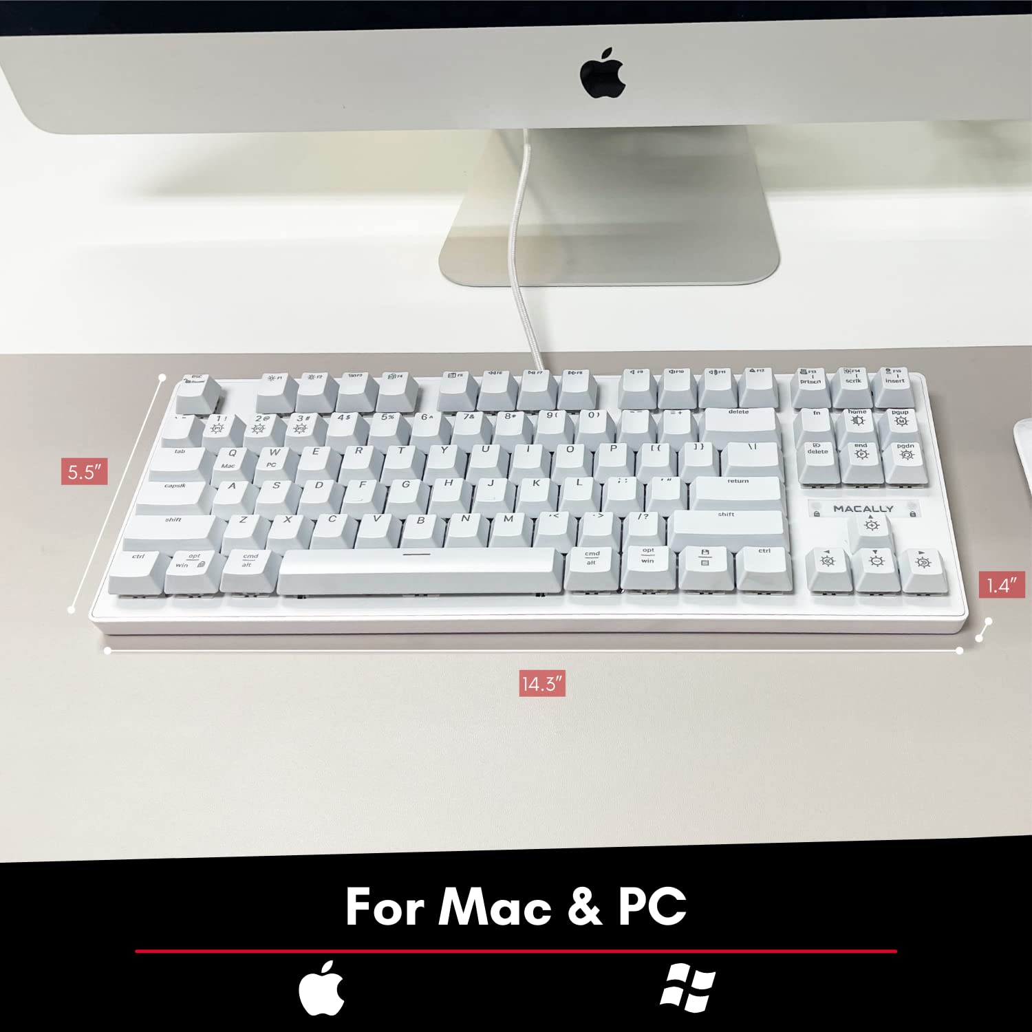 Macally Mac Mechanical Keyboard Backlit - Retro, but Modern - (Tactile/Audible Brown Switches) USB Backlit Wired Keyboard with Crisp White LEDs and Weighted Base - TKL Keyboard for Mac and PC
