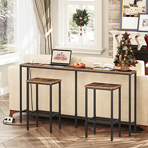 ALLOSWELL Bar Stools, Set of 2 Bar Chairs, Kitchen Breakfast Bar Stools with Footrest, 25.8" Dining Stools, Rectangular Industrial Bar Chairs, for Dining Room, Kitchen,Rustic Brown BAHR0101