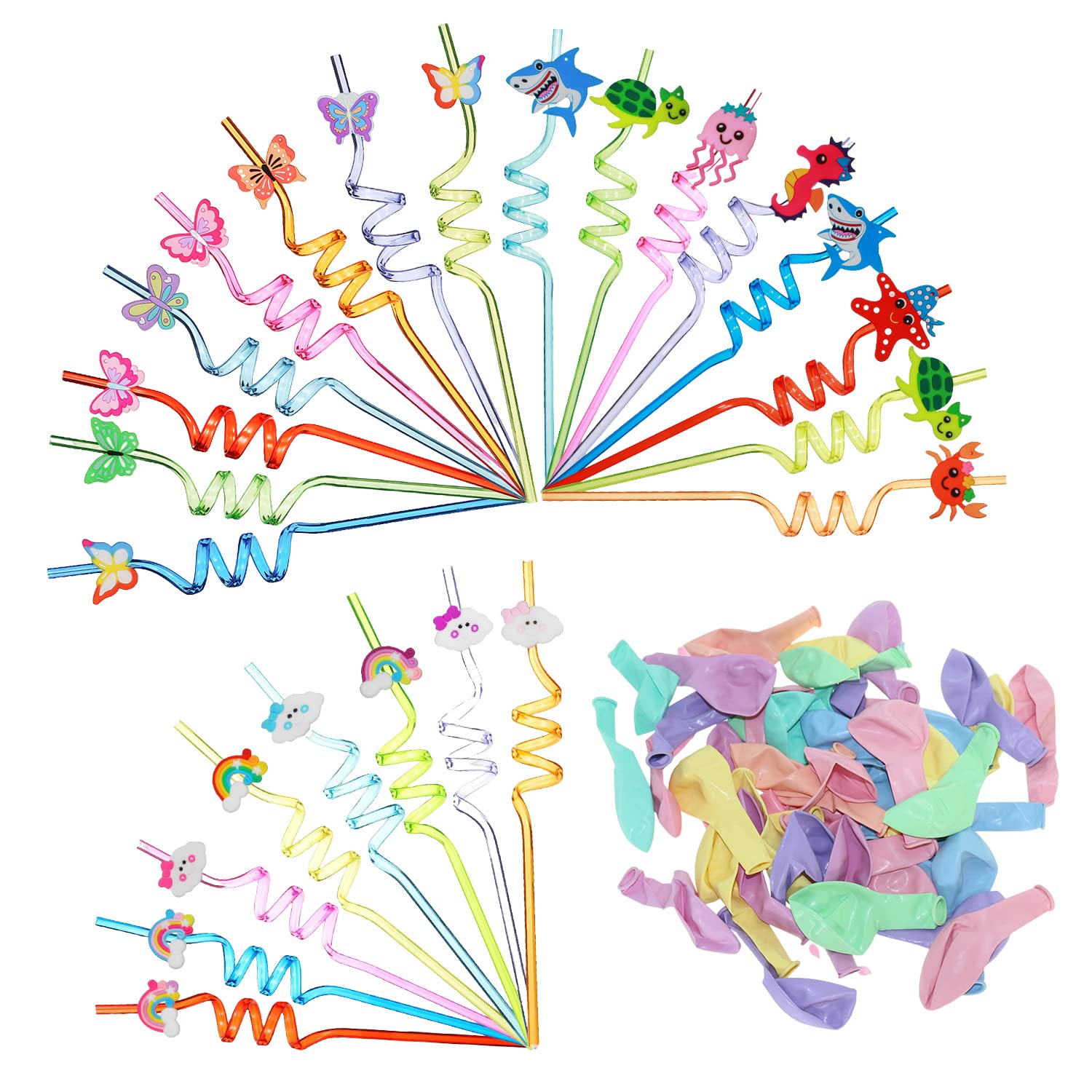 24-Pk Crazy Straws For Kids Reusable+50 Pcs Balloons, Silly Straws For Kids Curly Straws For Kids Reusable Sea Butterfly Rainbow Party Favor For Adults Kids, Various Styles Twisty Straws Fun Straws
