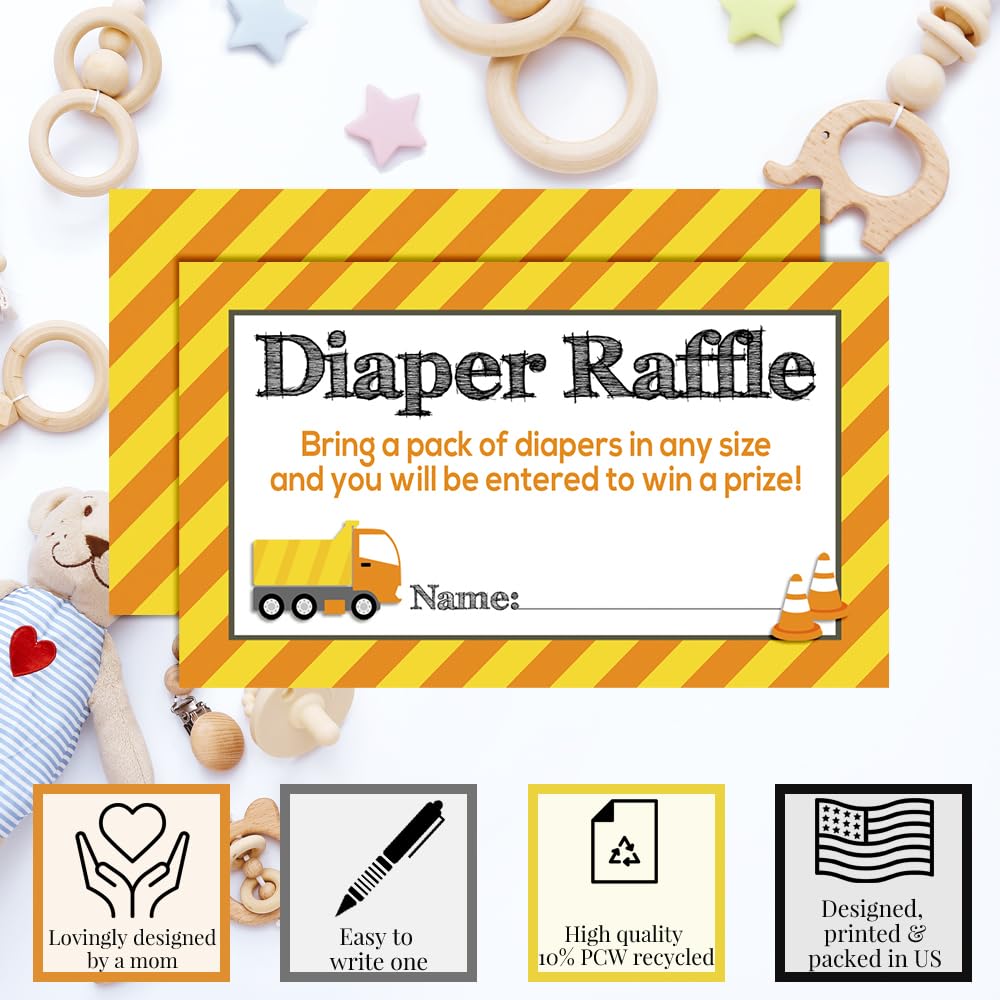 Amanda Creation Baby Under Construction Diaper Raffle Tickets for Baby Boy Showers, 20 2" X 3β Double Sided Insert Cards for Games, Bring a Pack of Diapers to Win Favors & Prizes!