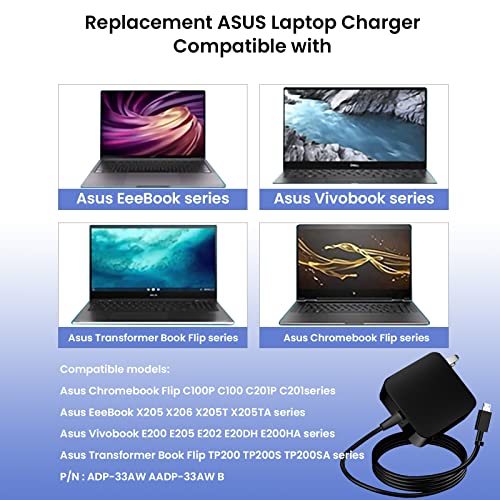 β33W Laptop Charger Replacement for Asus Chromebook C201P C201 C201PA C100PA C100P C100 Eeebook X205T X205 X205TA Vivobook E200H E200HA AD890526 ADP-33AW B Small Square Tip Power Supply Cord