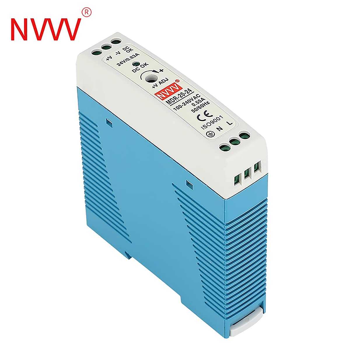 NVVV MDR-20-24 AC to DC DIN-Rail Power Supply, 24V, 1 Amp, 24W, 1.5"