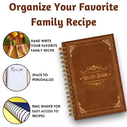 A5 (5.5β x 8.5β) Recipe Book to Write in Your Own Recipes, Durable Gloss Laminated Cover, Gold Spiral Binder, Gold Leaf Vintage Leather Look, 100 Pages Paper, Family Heirloom Keepsake