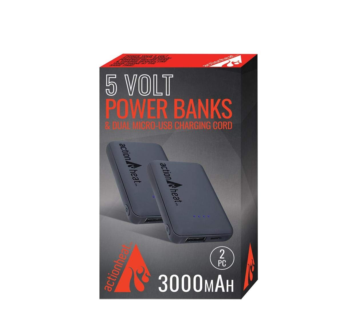 ActionHeat Portable 5V Power Bank 3000mAh Kit – Dual, Two Li-Poly Rechargeable Batteries for Heated Garments and Charging Tablets, Smartphones – Black