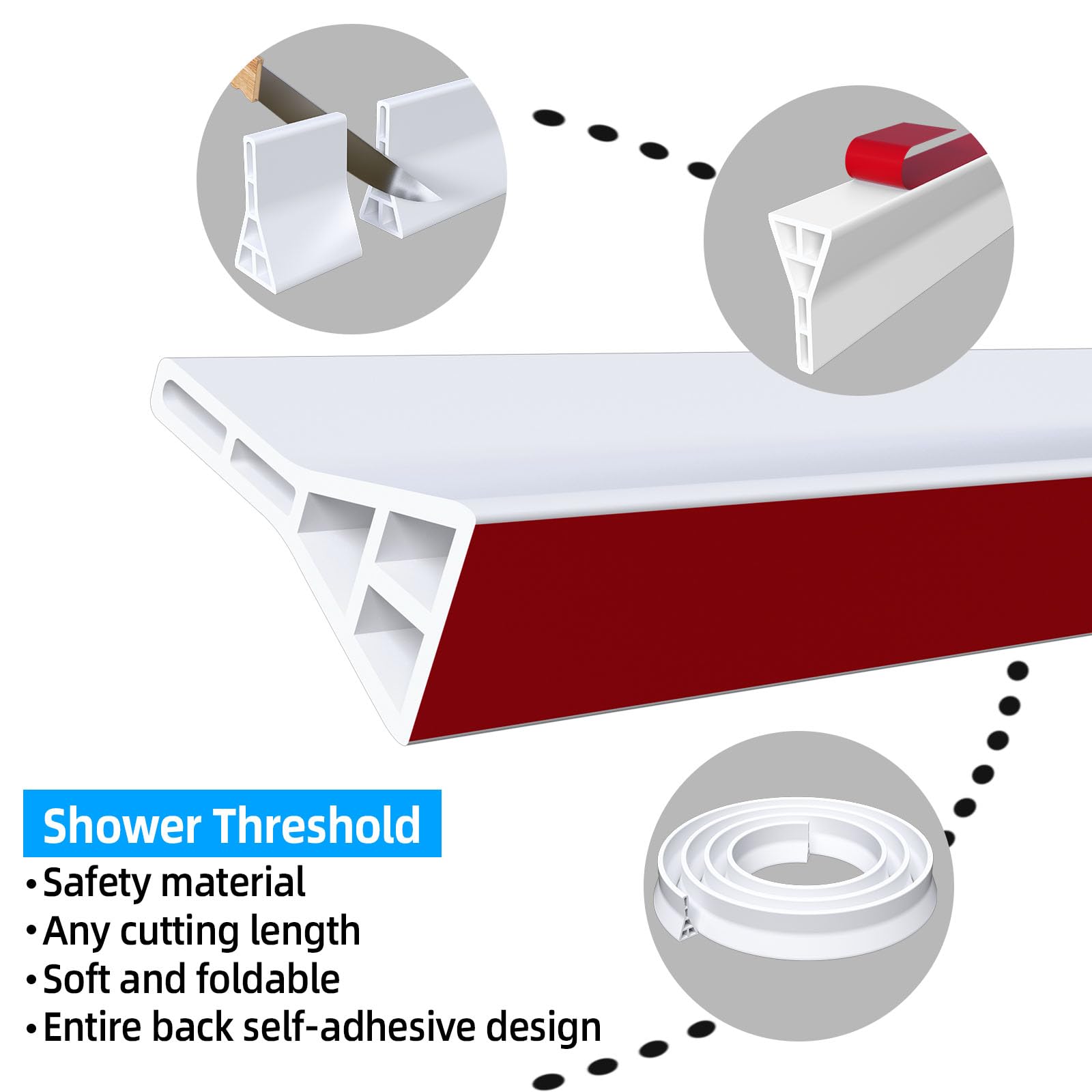 3.5" High Shower Threshold Water Dam, 74 IN Shower Water Splash Guard for Curbless Bath Shower Threshold Water Barrier Stopper for Wet and Dry Separation Bathroom and Kitchen (White/6.2FT)