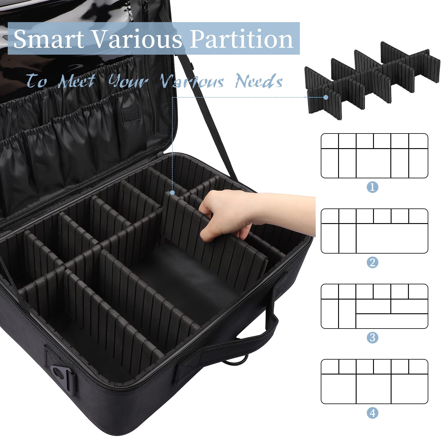 gzcz Large Capacity Travel Makeup Train Case 16.5 Inches Professional Makeup Cosmetic Case Portable Artist Cosmetics Brushs Organizer Storage Bag With Adjustable Dividers And Shoulder Strap (Black)
