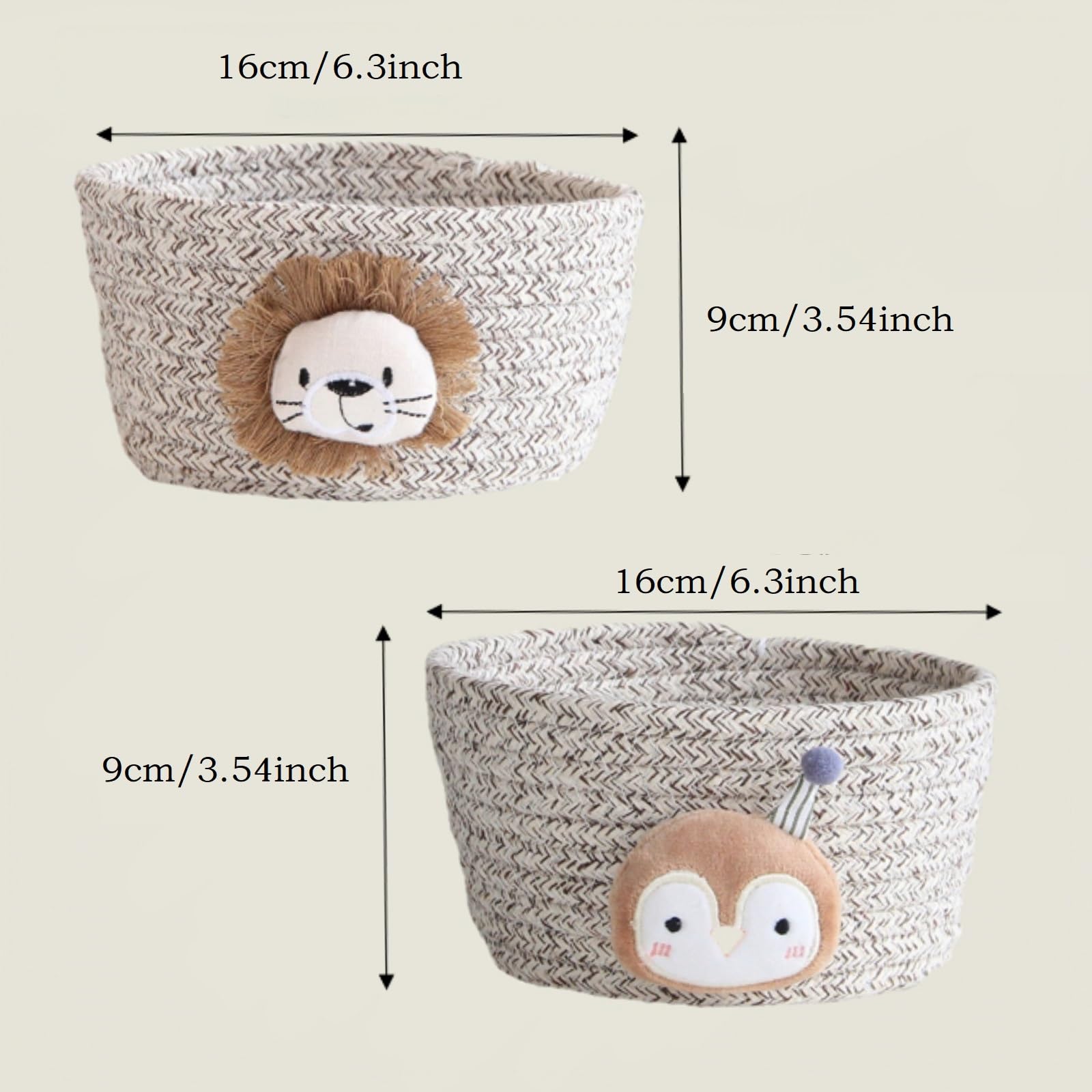 2 Pcs Small Woven Basket Mini Cotton Rope Storage Basket Rabbit Lion Toy Basket Cute Mini Tiny Storage Baskets for Nursery Room Bedroom Living Room Organizing