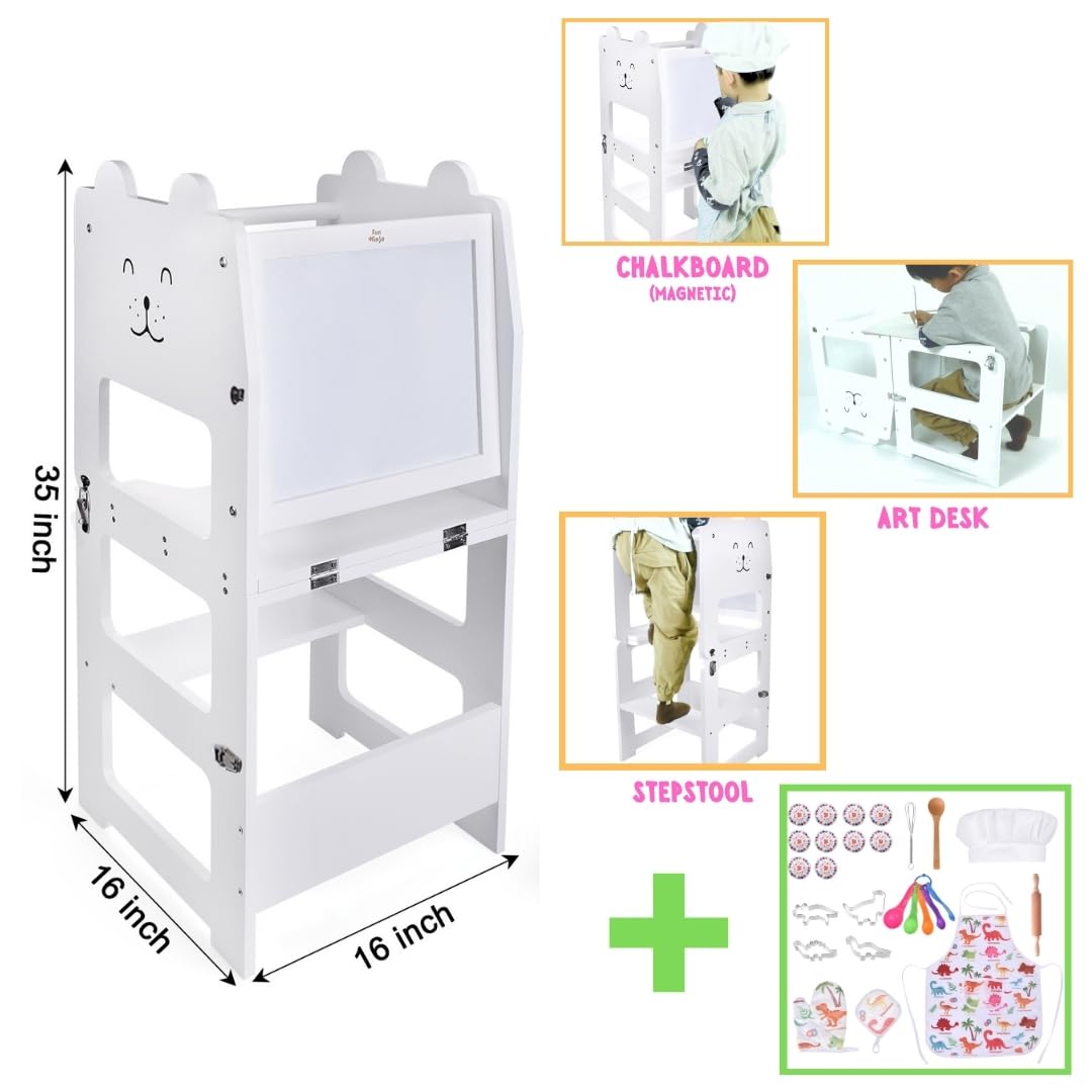 4-in-1 [Fun Ninja] Toddler Kitchen Step Stool for Children and Toddlers, Whiteboard & Art Desk, Safety Rail Tower for Kids, Parent Assistant Stepping Stool (White, Bundle)
