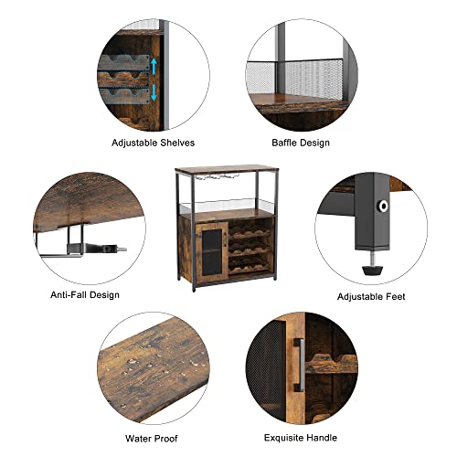 Amyove Wine Bar Cabinet with Detachable Rack, Glass Holder, Small Sideboard and Buffet Mesh Door, Rustic Brown