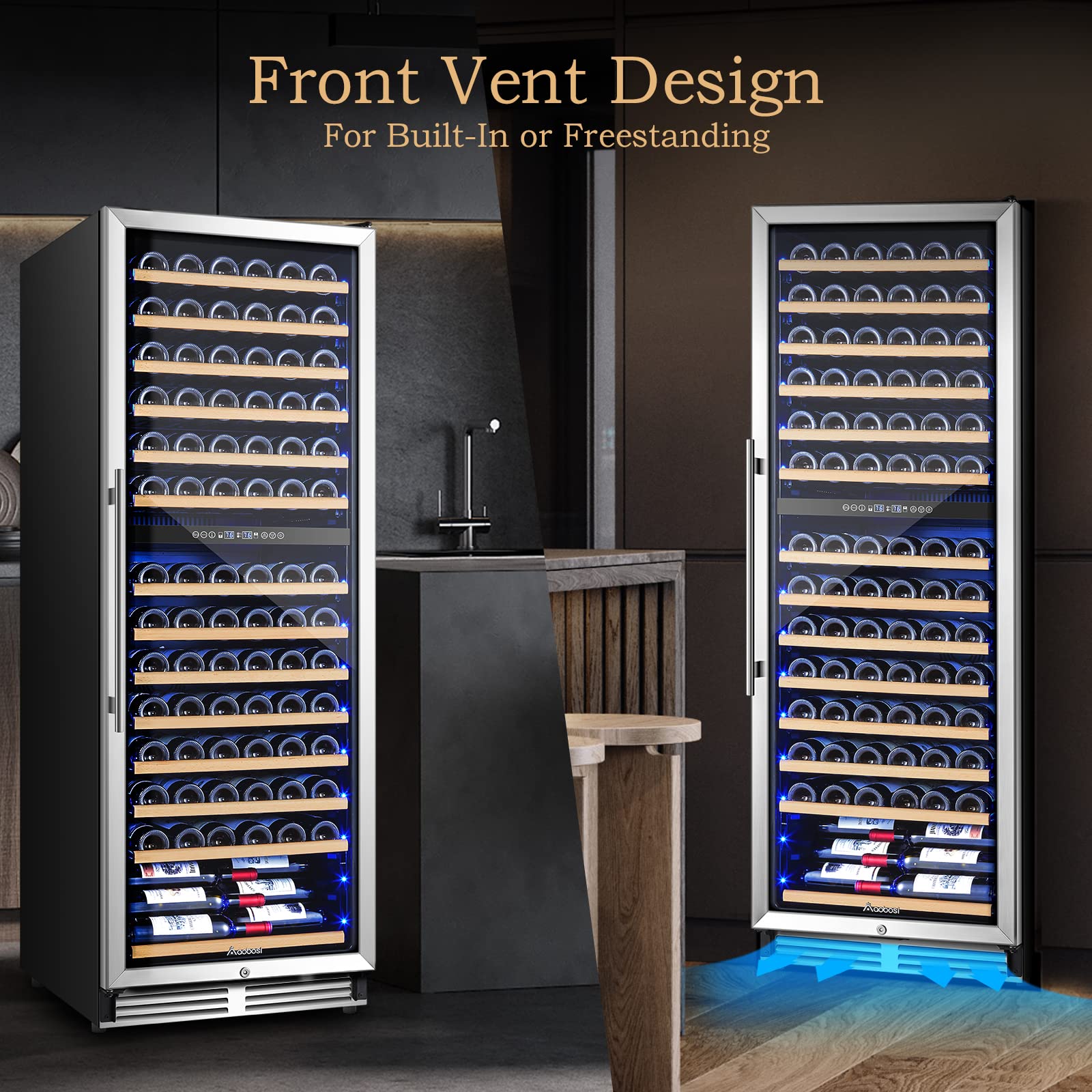 AAOBOSI 24 Inch Wine Cooler Dual Zone, 154 Bottles Wine Refrigerator Built in or Freestanding Wine Fridge 40ยฐF-65ยฐF with Intelligent Temperature Control-Memory Function-Powerful Compressor-Quiet