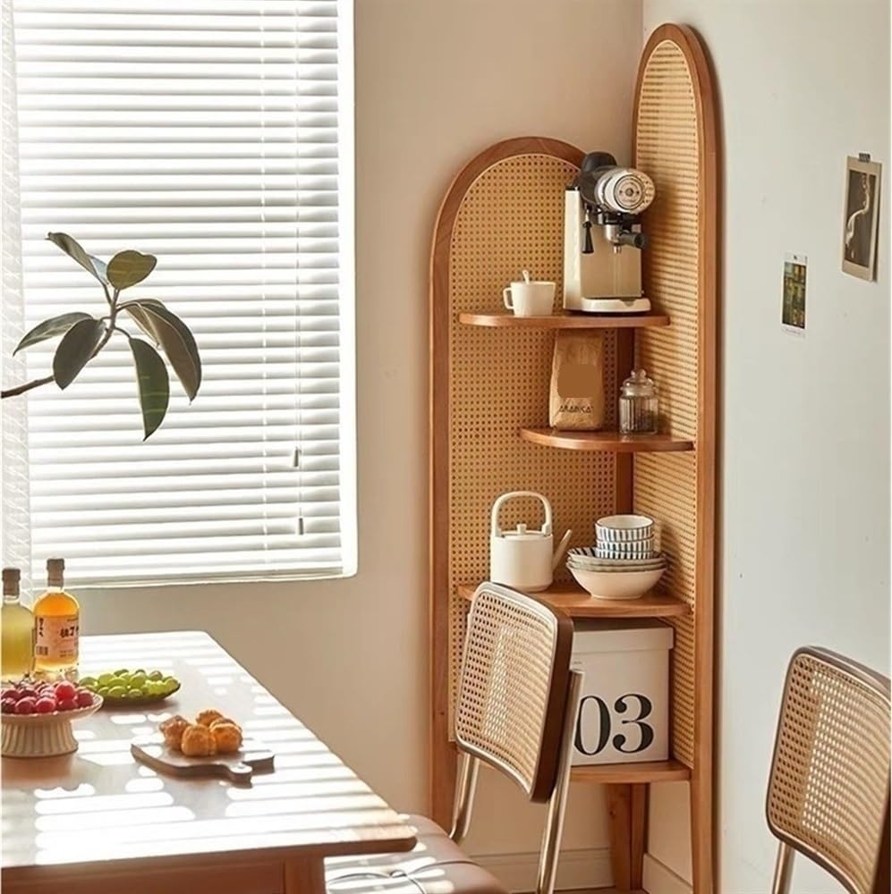 4-Tier Rattan Bookshelf, Free Standing Corner Storage Cabinet, Triangular Rattan Shelf, Corner Wall Shelf with Solid Wood Frame for Living Room, Bedroom, Office(Orange)