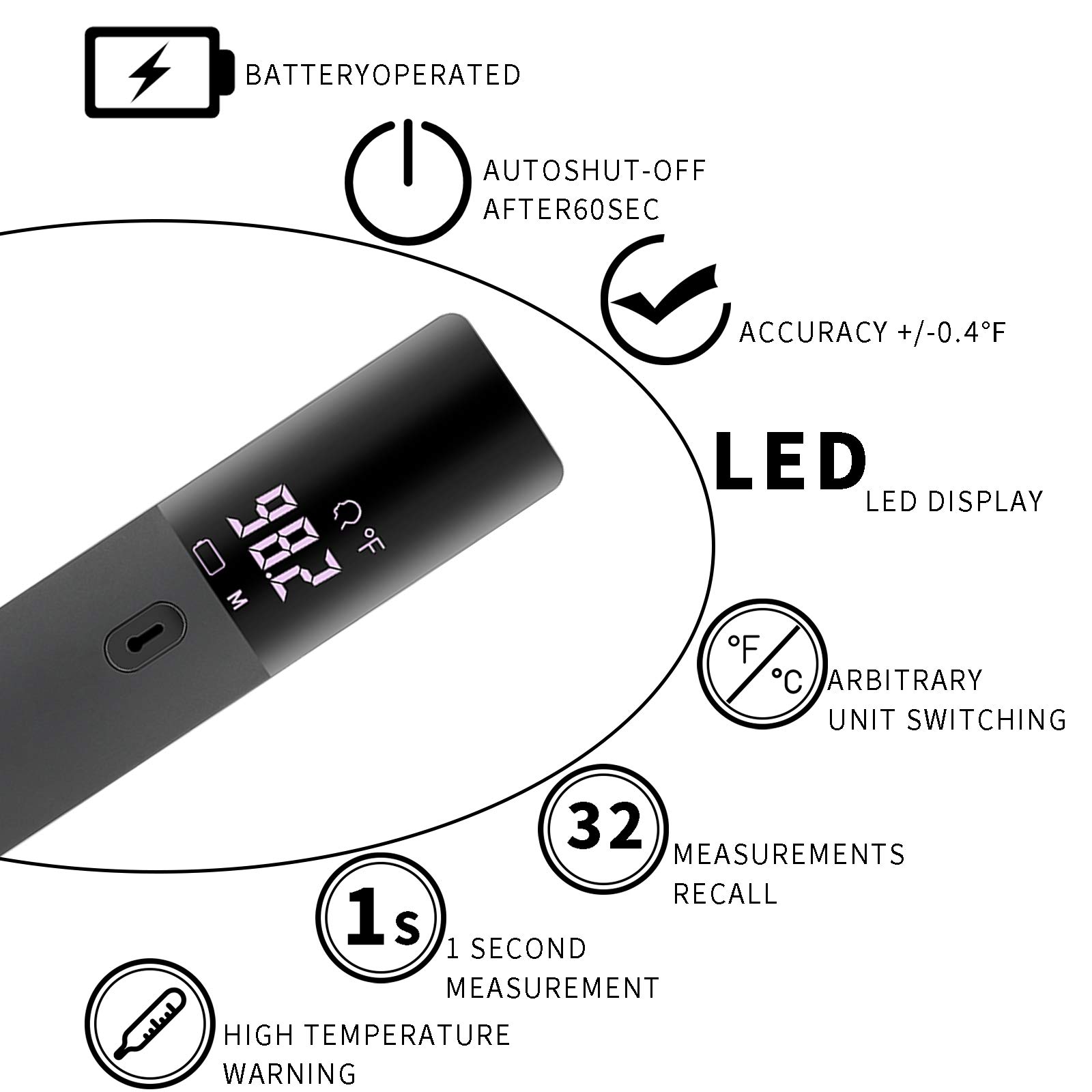 Black Non-Contact Infrared Forehead Thermometer, Medical Grade, for All Ages from Infants and Adults, Accurate Instant Readings, LCD Display, Fever Alarm, Memory Function, Compact and Stylish
