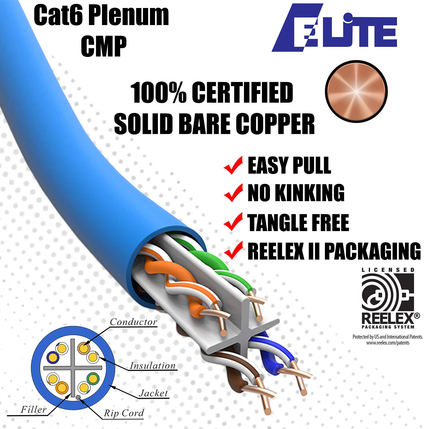 Cat6 Plenum CMP (Cat6e), Ethernet Cable 1000ft, 23AWG UTP, 600MHz, Solid Bare Copper, UL Certified, w/Spline(Noise Reducing Cross Separator), Easy to Pull (Reelex II Box), Bulk Network Cable - Orange