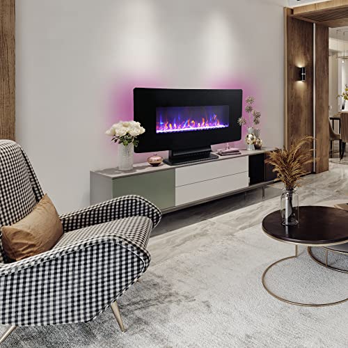 36 Inch Curved Front Electric Fireplace, Freestanding or Wall Mounted Electric Fireplace with Adjustable Flame Color & Remote Control for Apartment/Office/Bedroom, Black