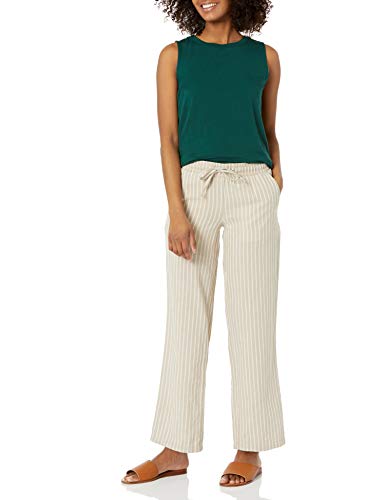 Amazon Essentials Women's Linen Blend Drawstring Wide Leg Pant (Available in Plus Size), Ecru Stripe, Small