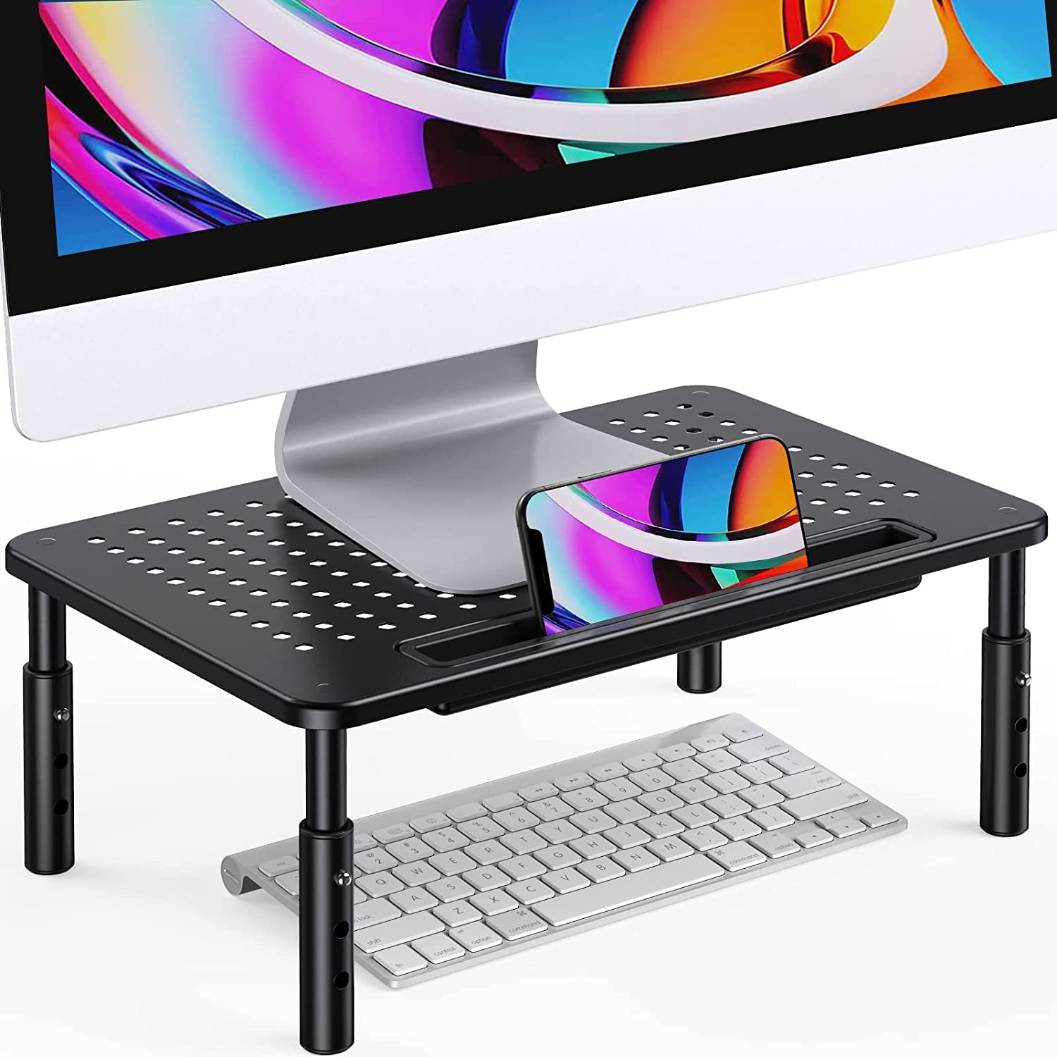 LORYERGO Monitor Stand, Computer Monitor Stand with Slot, Monitor Stand Riser with Adjustable Height, Laptop Stand for Desk with Ventilated Platform, Laptop Shelf, Monitor Shelf, for Home & Office