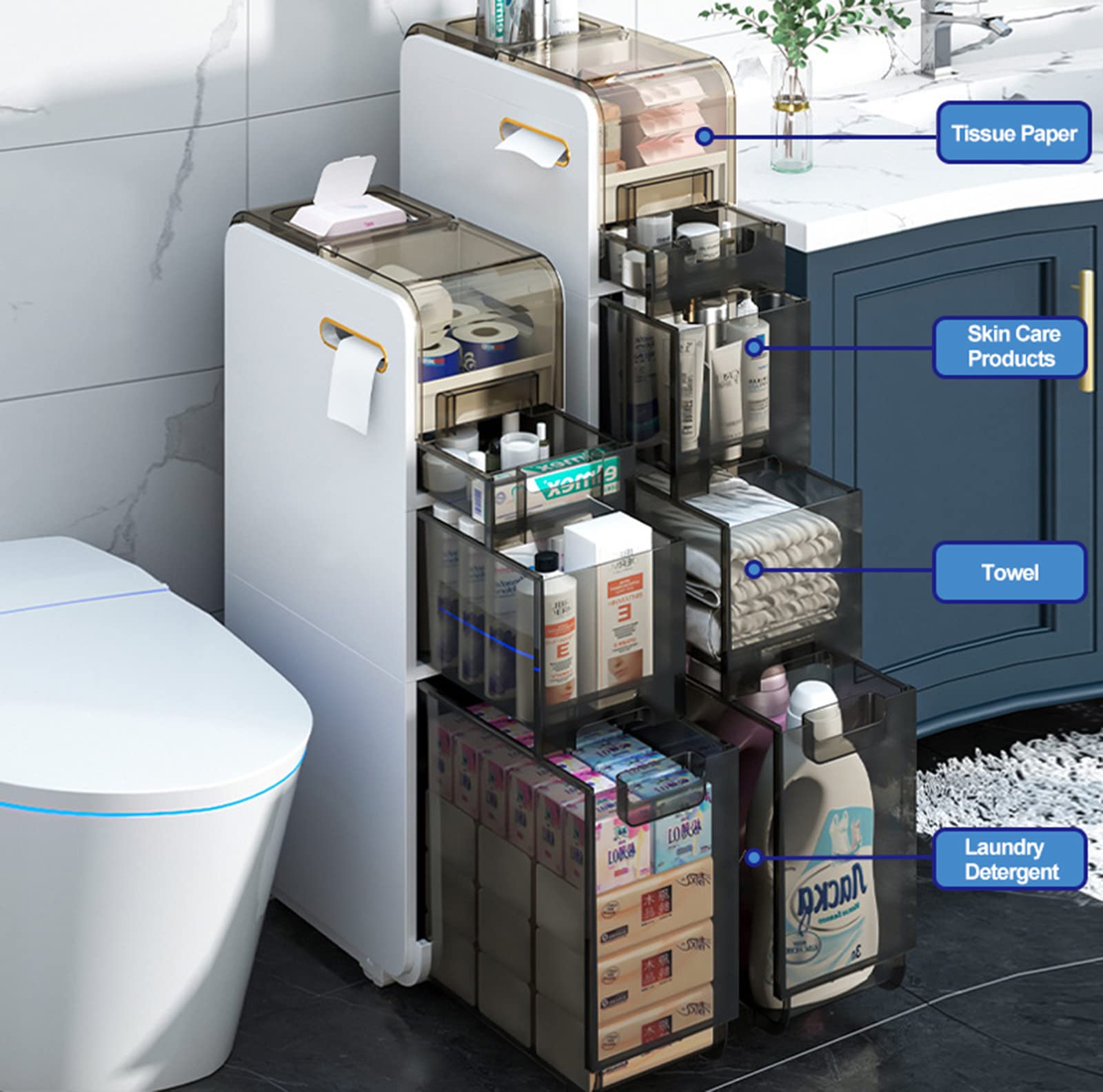4-Tiers Bathroom Floor Storage Cabinet Narrow Slim Tall Movable Towel Organizer Side Freestanding Rolling Unit with Clear Drawers for Small Space Laundry Living Room Gap