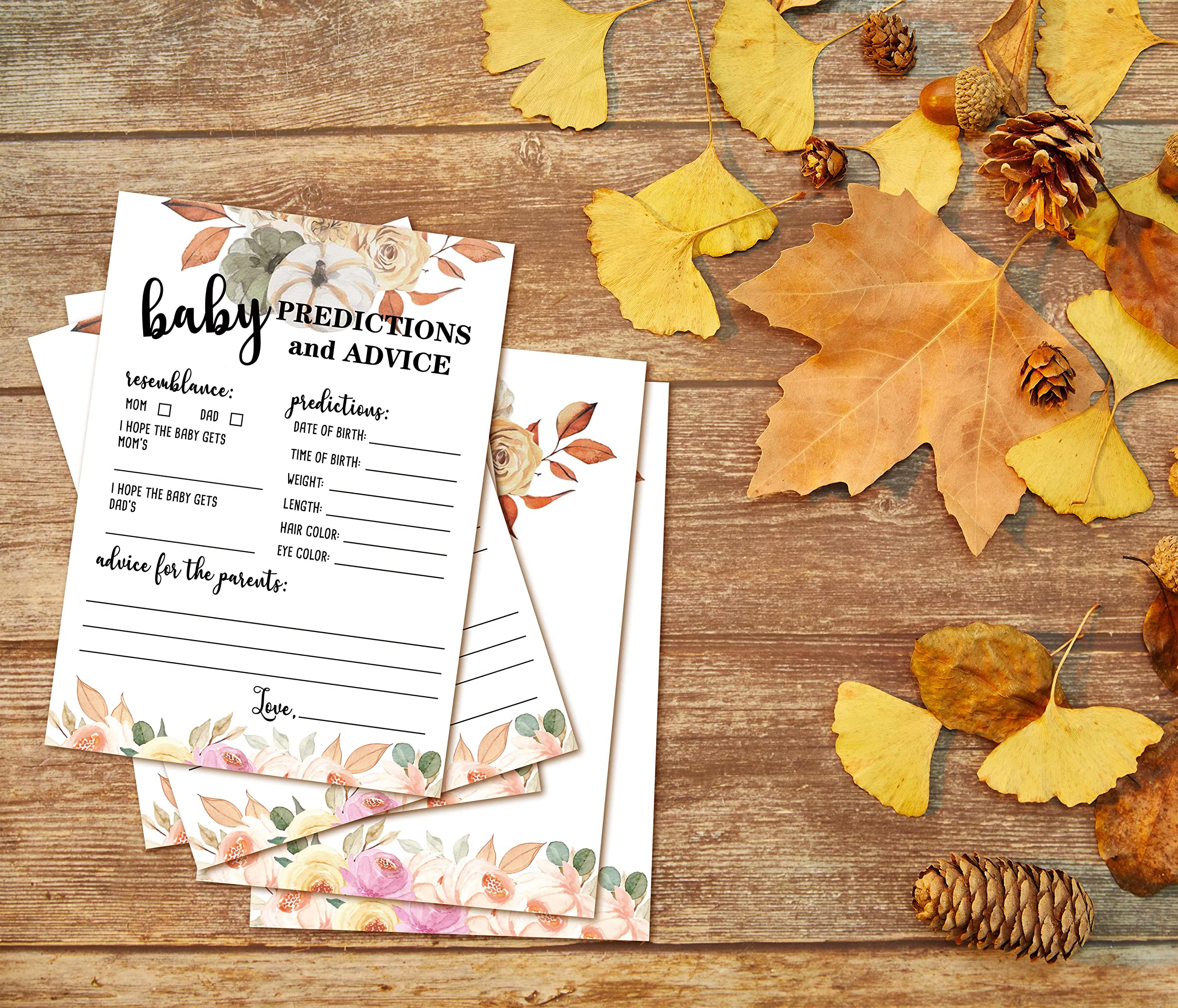30 Double Side Baby Prediction And Advice Game Cards, Floral Pumpkin Thanksgiving Day Baby Shower Game Cards - 5" x 7"(01)