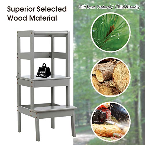 Costzon Kids Kitchen Step Stool with Safety Rail, Wood Standing Tower Learning Stool with Anti-Slip Strips for Children, Toddlers Kitchen Counter Helper Stool for Bathroom