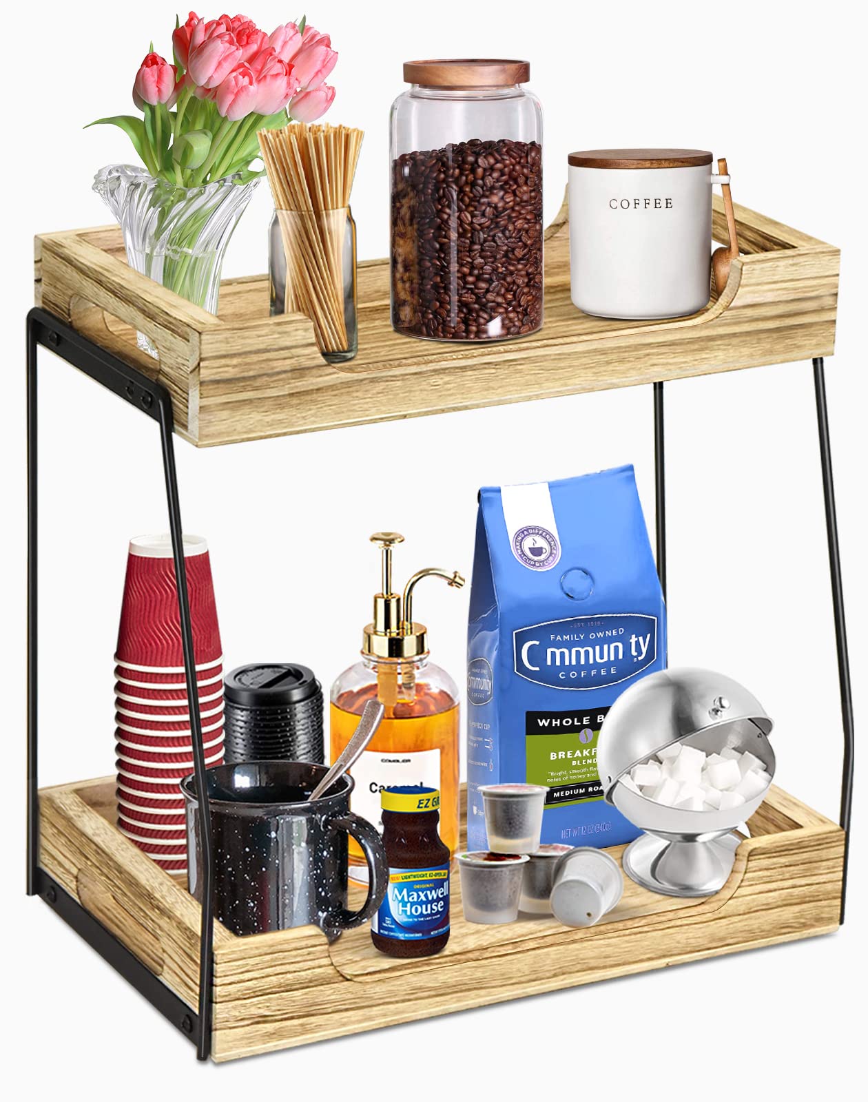 2-Tier Coffee Bar Organizer for Countertop, Wood Coffee Station Organizer with Handles, Rustic Coffee Bar Accessories for Coffee Bar Decor, Kitchen Countertop Organizer, Bathroom Counter Organizer