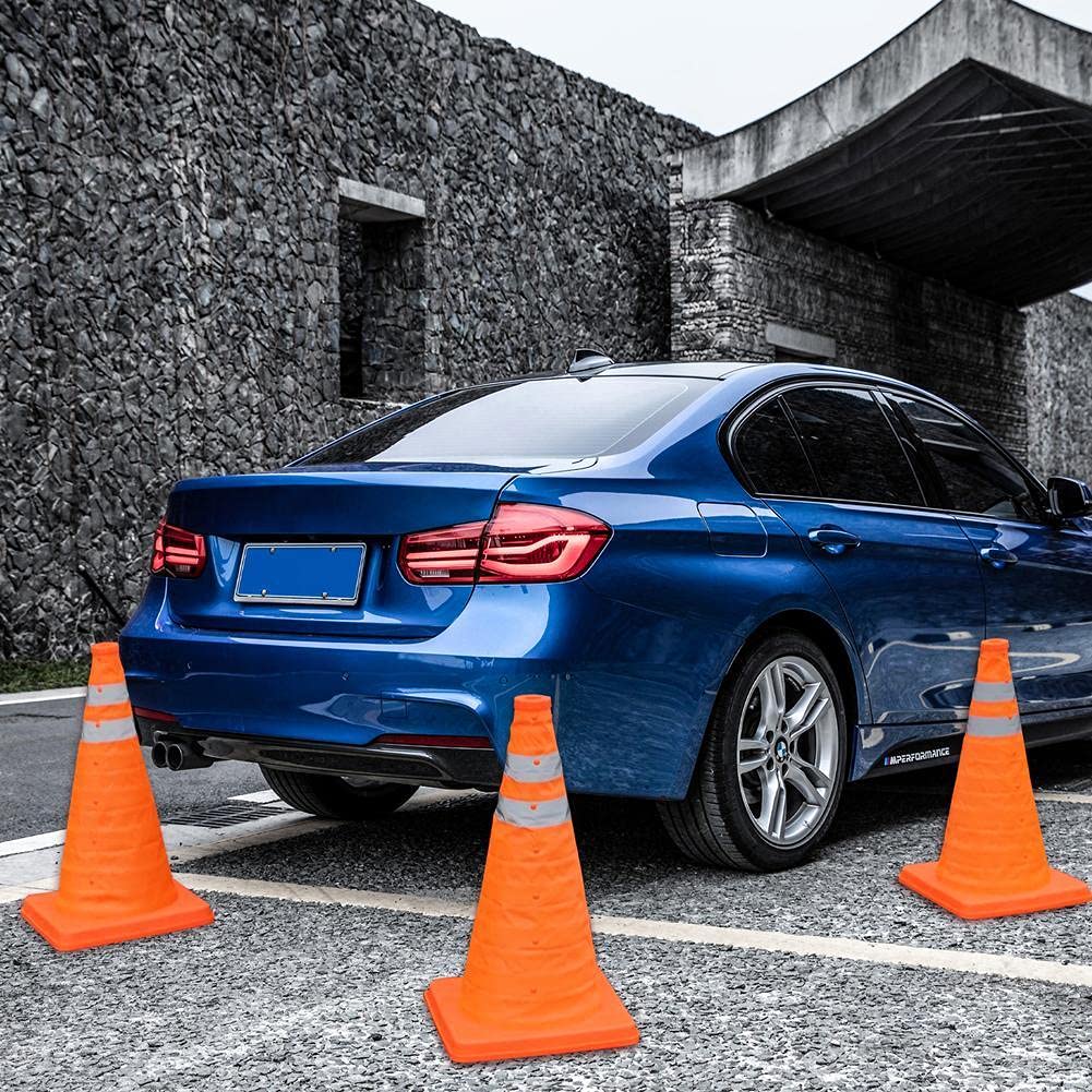 hatatit 4 Pack 18" Collapsible Traffic Cones PVC Safety Road Parking Cones Fluorescent Orange Up Reflective Safety Cones