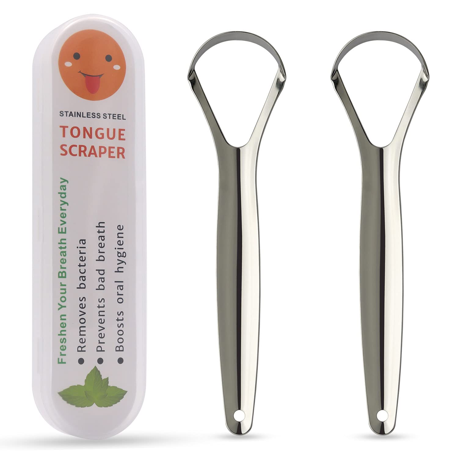 Stainless Steel Tongue scraper for Adults and Kids, Fights Bad Breath, 2 Pack Tongue Cleaner with Travel Case, Great for Oral Care, Non-Synthetic Metal Handle, Easy to Clean