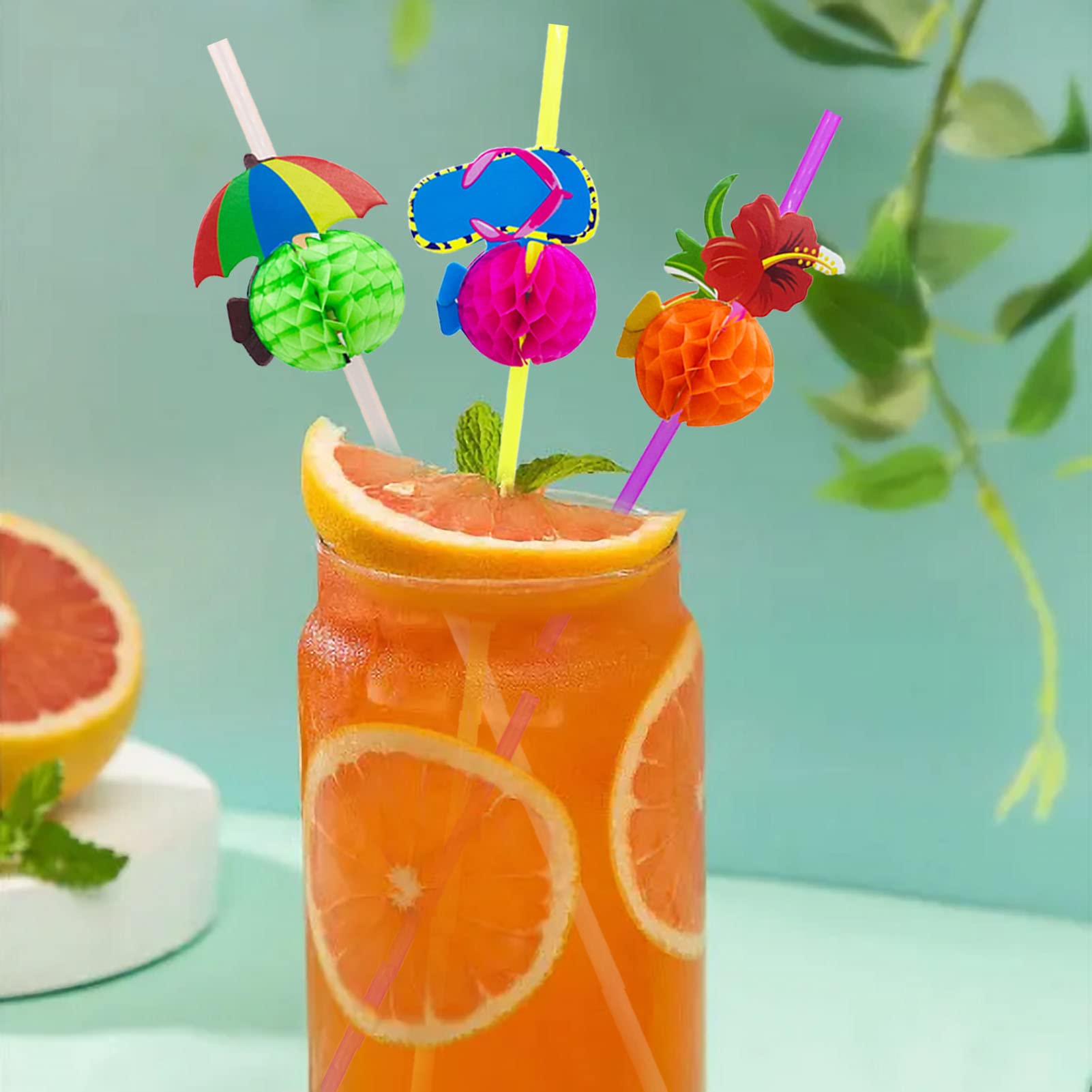 24PCS 3D Hawaii Drinking Straws Honeycomb Tropical Hawaiian Beach Theme Disposable Drinking Straws Fruit Straws Tropical for Summer Beach Pool Luau Parties Bars Restaurants Kitchen and more