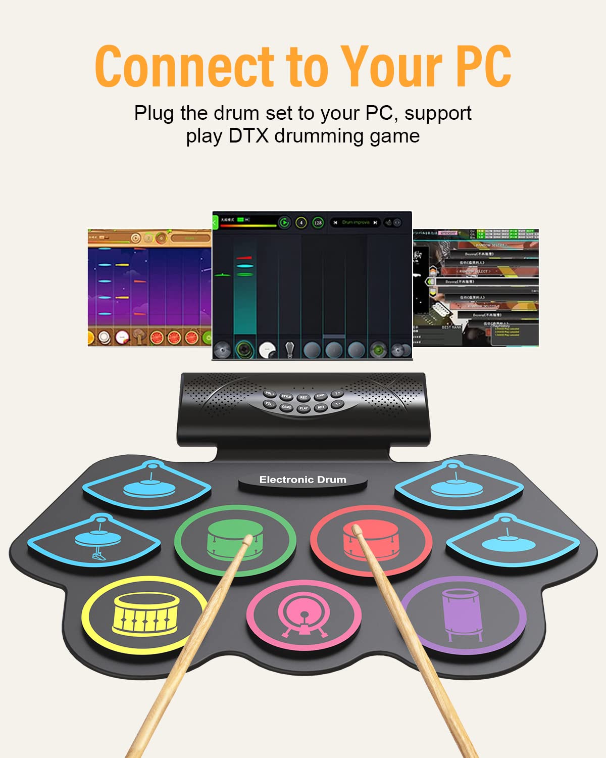 9 Pads Electronic Drum Set, 19Γ13 Inch Roll-Up Drum Portable Drum Pad Kit With MIDI Education Function, Built-in Speaker, Supports headphone/Bluetooth, Great Holiday Birthday Gift for Kids β Colorful