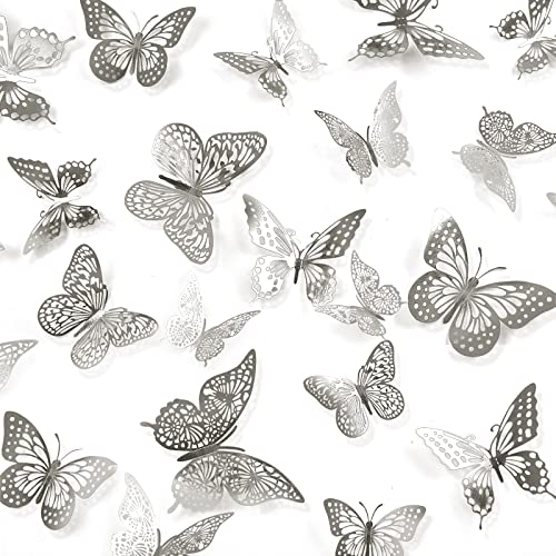 AMMON 3D Butterfly Wall Decor 48 Pcs Silvery 3 Sizes Decal Decorations for Birthday Party Cake Mural Sticker Removable Room Wall Art Stickers for Kids Nursery Classroom Bedroom Living Room Party Wedding