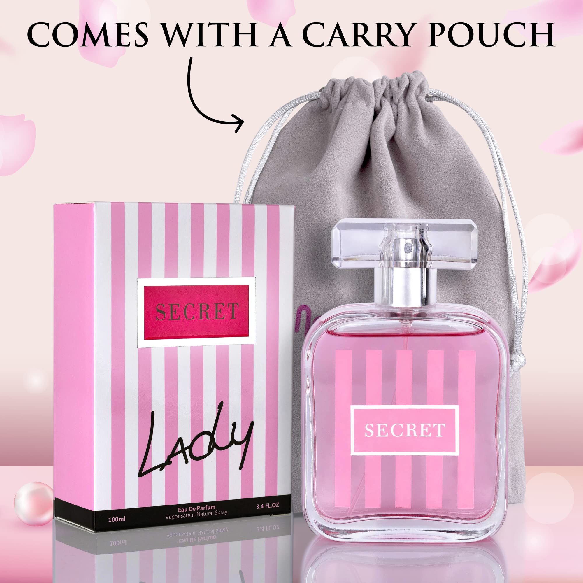 NovoGlow Lady Eau De Toilette for Women elegant 3.4 fl oz Bottle with Shiny Suede Pouch Lovely Gift Combination of Fruity and Floral Notes with Pine Tree Base Aromatic Fragrance for All Occasions (D)