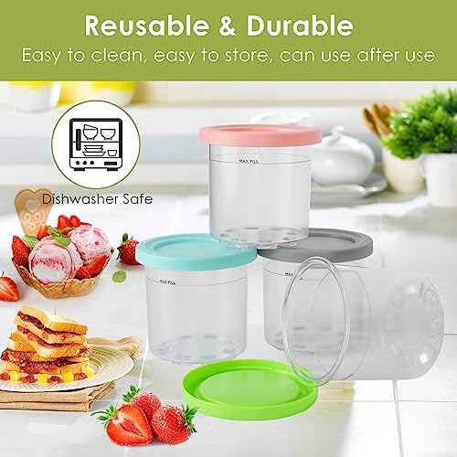 4 Pack Ice Cream Pint Containers, Replacement for Ninja Creami Pints and Lids, Compatible with NC299AMZ & NC300s Series Creami Ice Cream Makers, BPA Free, Dishwasher Safe, Grey/Pink/Green/Lake Blue