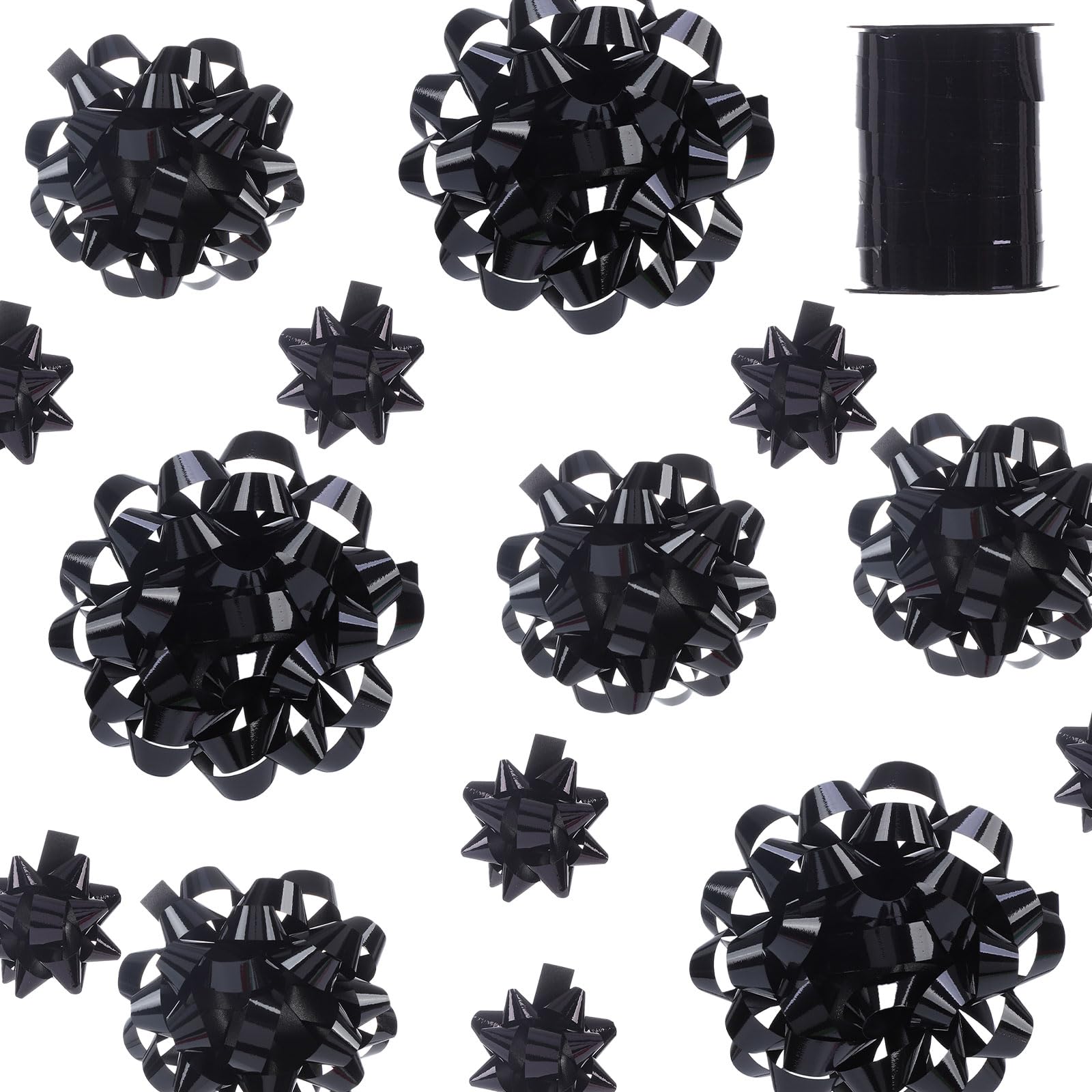25 Pcs Gift Bows Assortment - 3 Size Gift Bowsand 1 Crimped Curling Ribbons, Perfect for Christmas, Holidayļ¼Birthdays, Weddings, Baby/Bridal Showers, Party (Black)