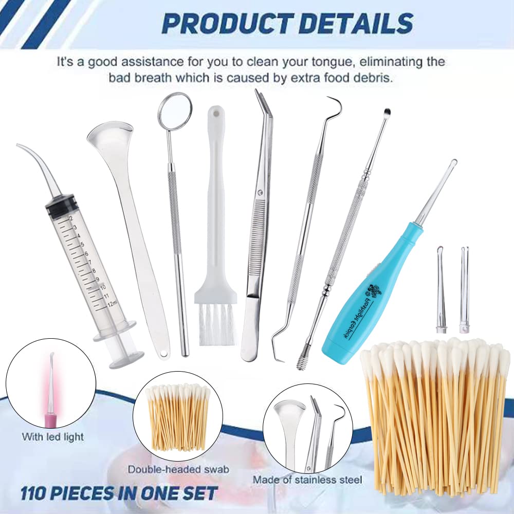 9 Pieces Upgraded Tonsil Stone Removal Set Include Stainless Steel Tonsil Stone Remover Tool Led Light Tongue Cleaner Scraper Tweezer,Cured Syringe for Oral Care (Blue)