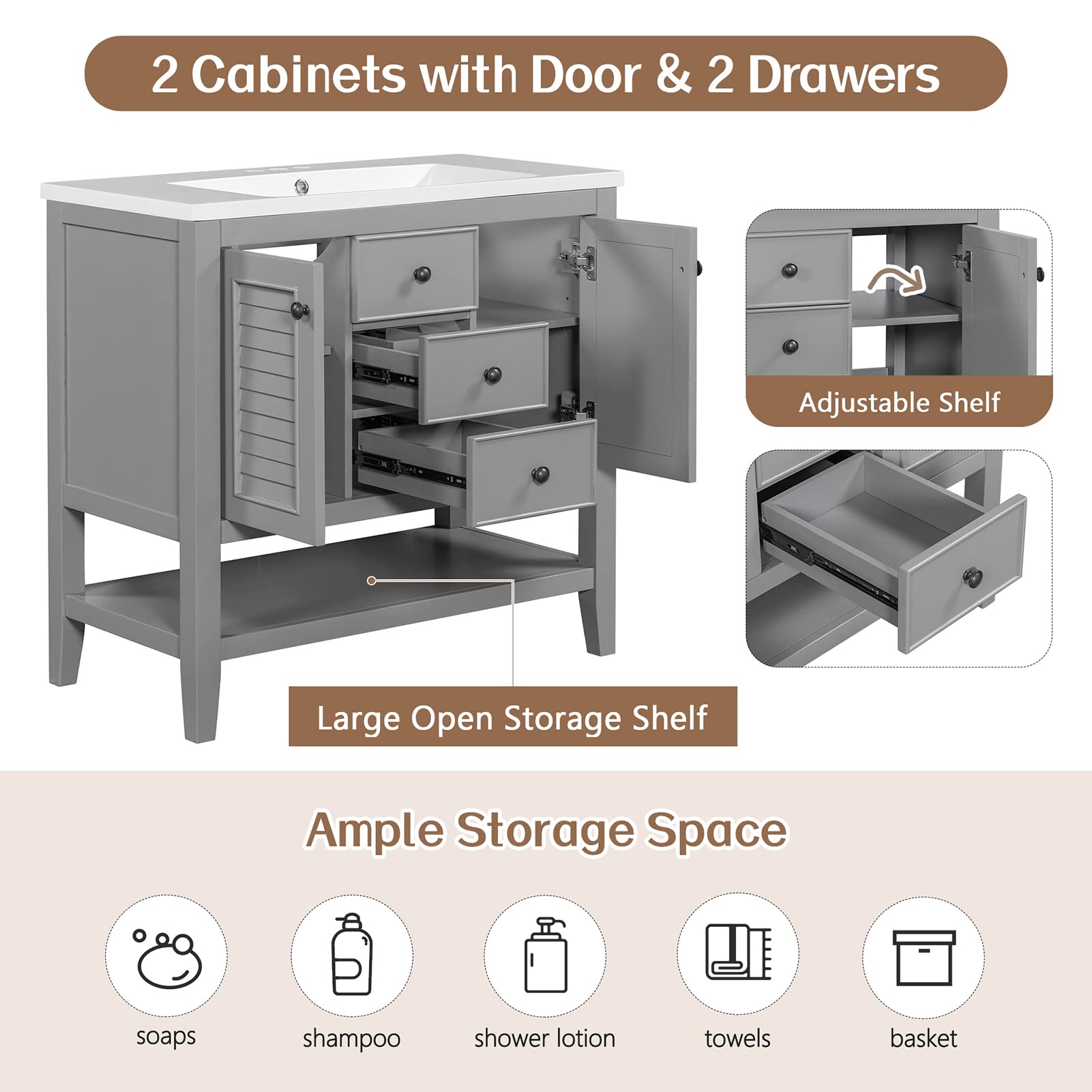36" Modern Bathroom Vanity Base Only, Bathroom Vanity Without Sink Freestanding Bath for Compact Spaceroom Vanity Cabinet with Two Cabinets and Drawers, Open Shelf, Solid Wood Frame, Gray
