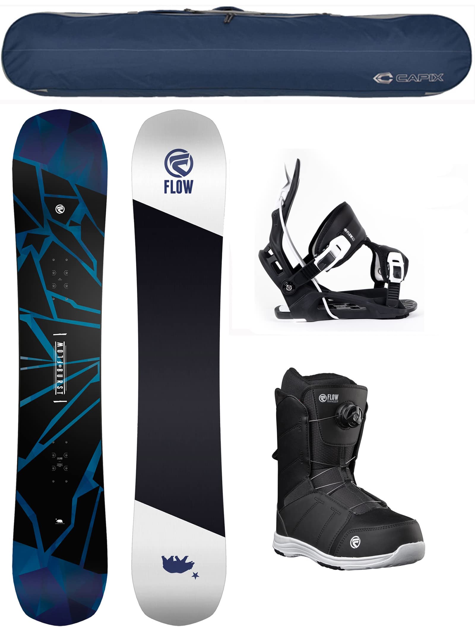 2021 FLOW Men's Burst Wide Snowboard Package Black Alpha Bindings DC Boots+Bag (156 Wide Snowboard, Boot Size 10)