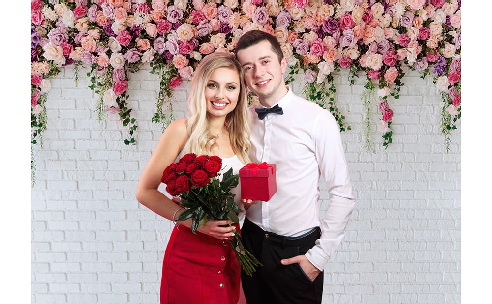 LTLYH 8x6ft White Brick Wall Flowers Backdrop Valentine's Day Theme Photography Backdrop Mother's Day Wedding Bridal Baby Shower Birthday Party Decor Banner 134