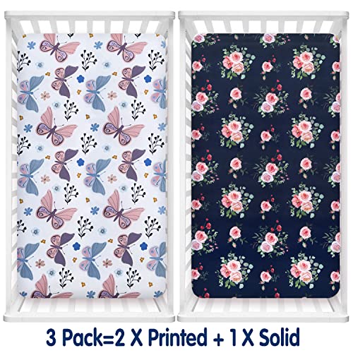 AMROSE 3 Pack Heavenly Soft Crib Sheets for Baby Girls, 28'' X 52'' Fitted Crib Sheets for Crib and Toddler Mattress Pad, Silk Touch Gentle Breathable Microfiber, Floral & Butterfly